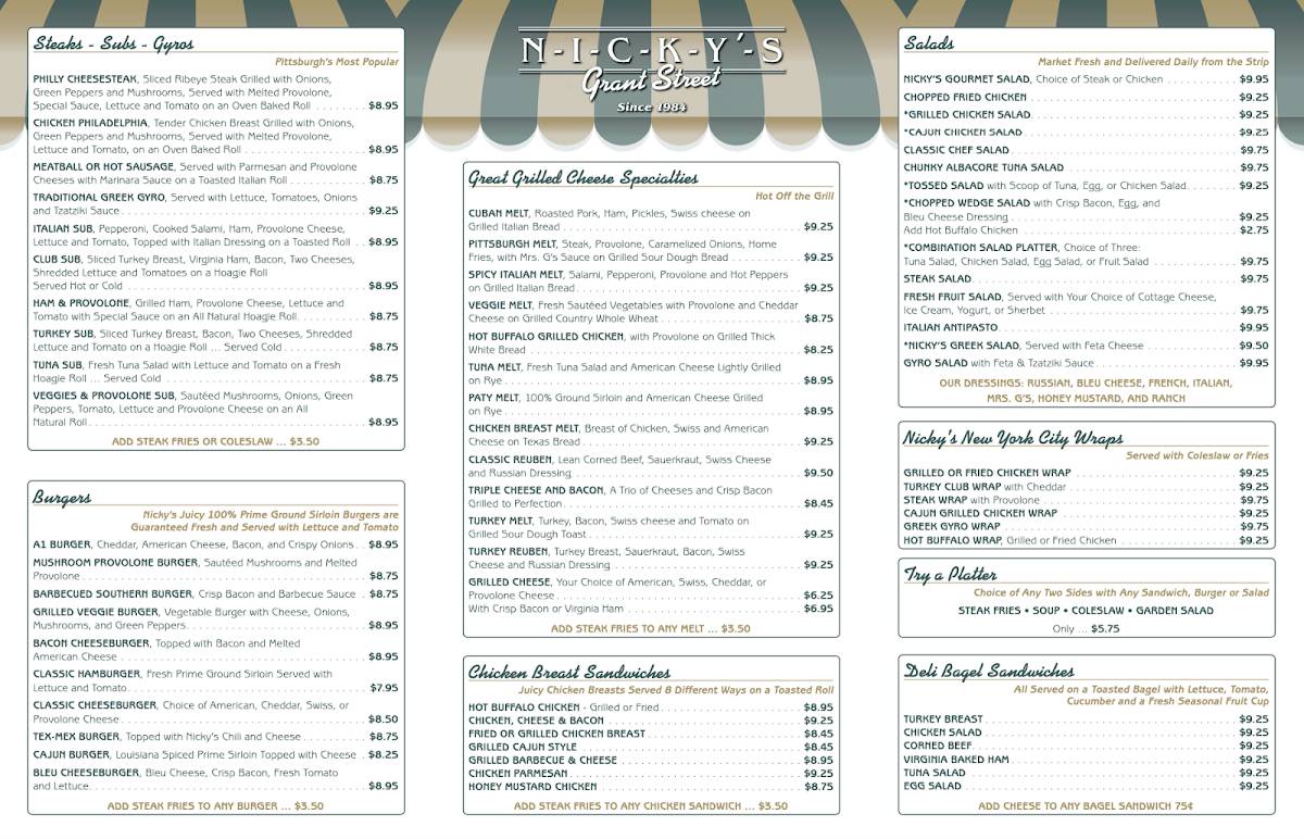 Menu at Nicky's Grant Street restaurant, Pittsburgh, 310 Grant St #100