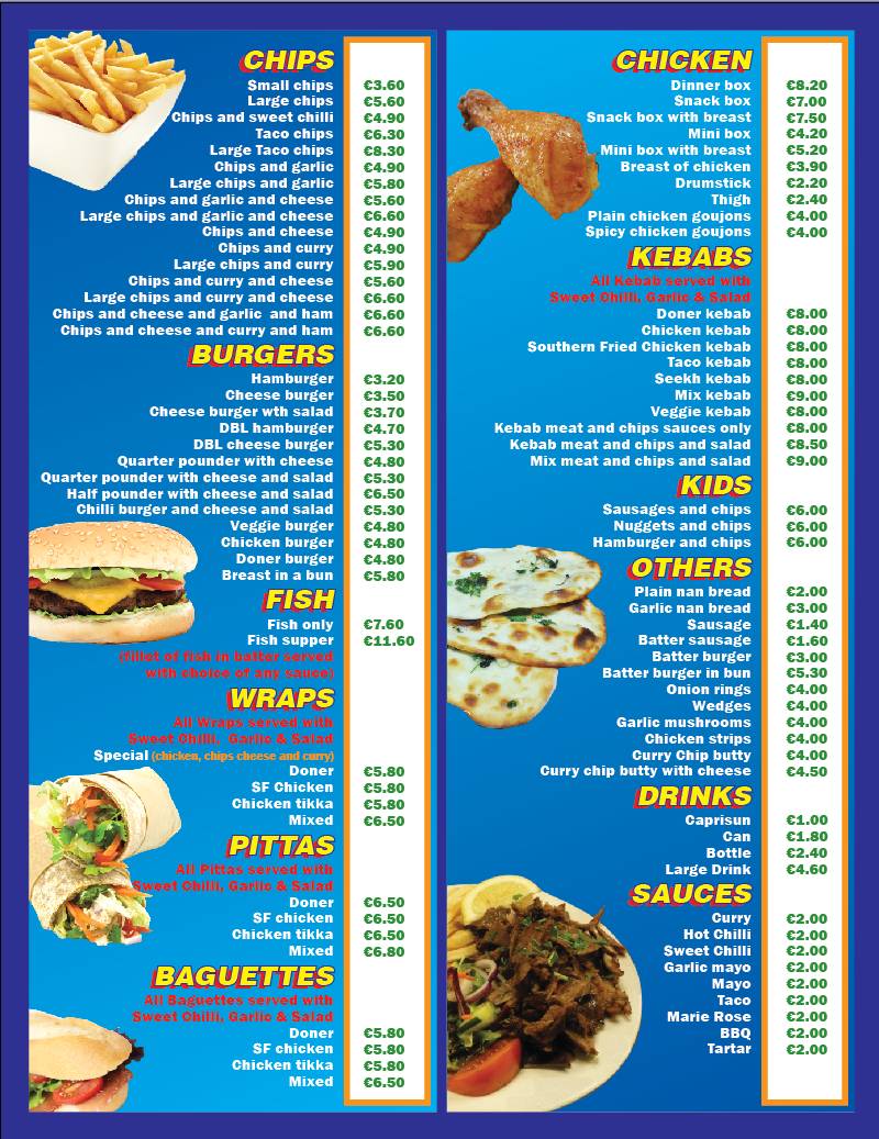 Menu at Noor's kebab restaurant, Clonmel