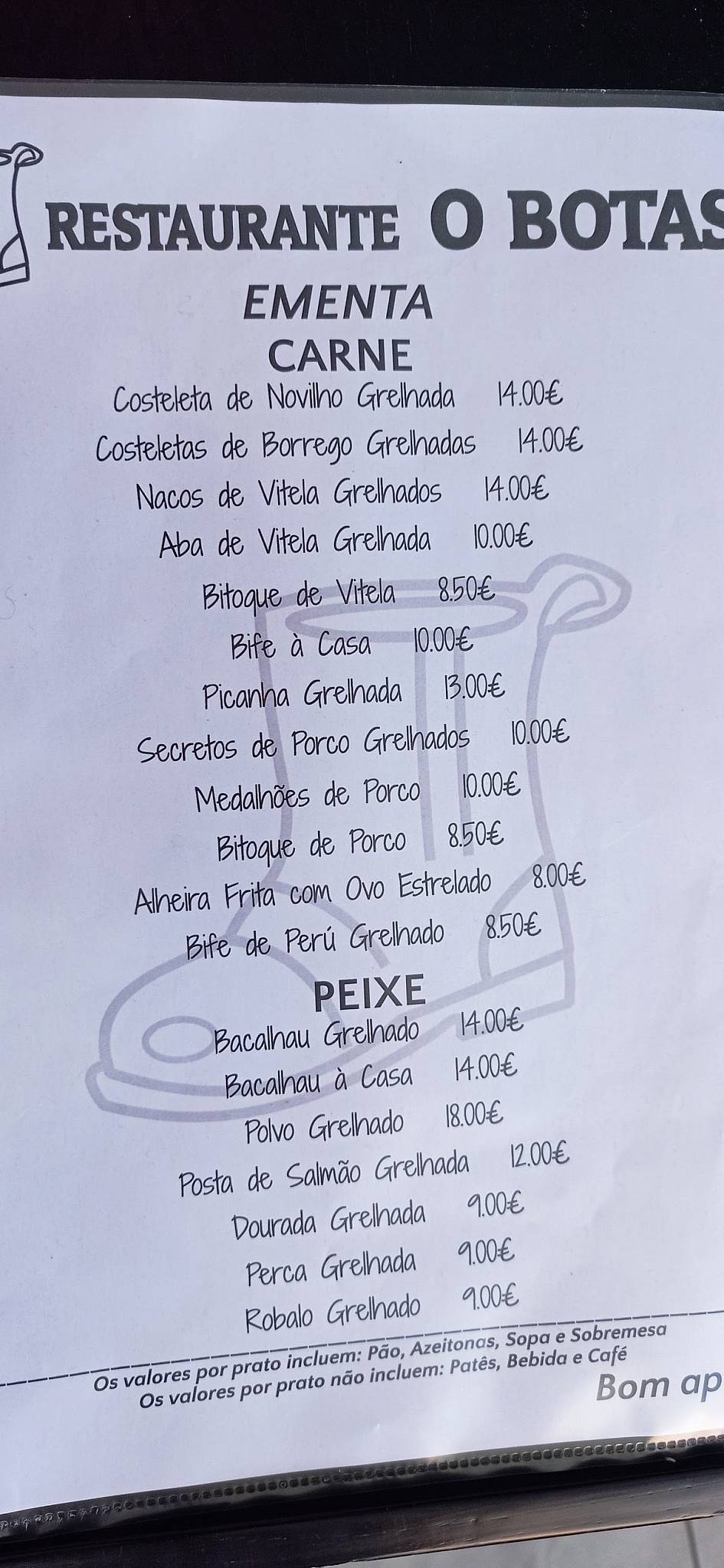 Menu em Restaurante "O Botas", Celorico da Beira