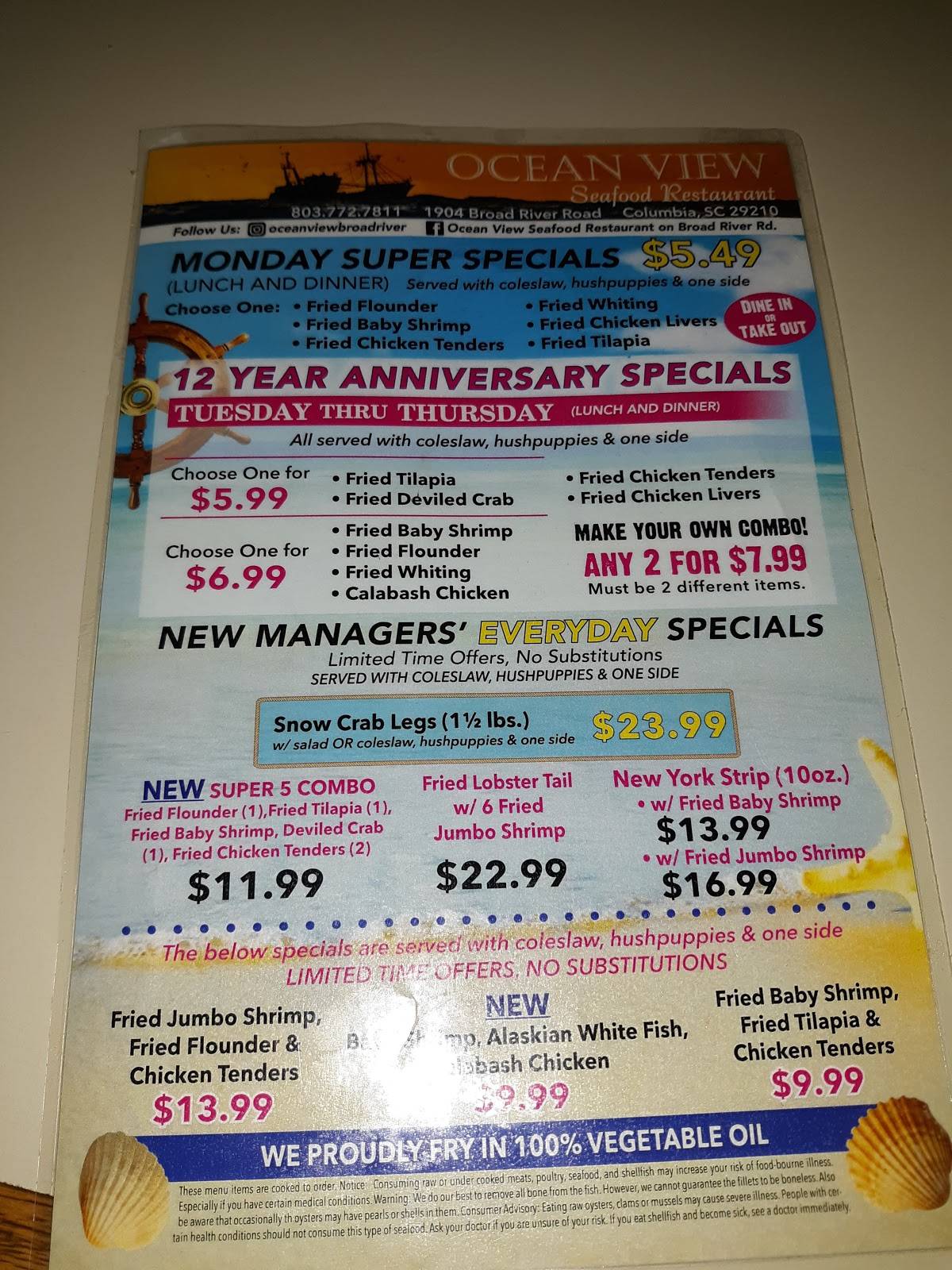 Menu at Ocean View Seafood Restaurant, Columbia, Broad River Rd