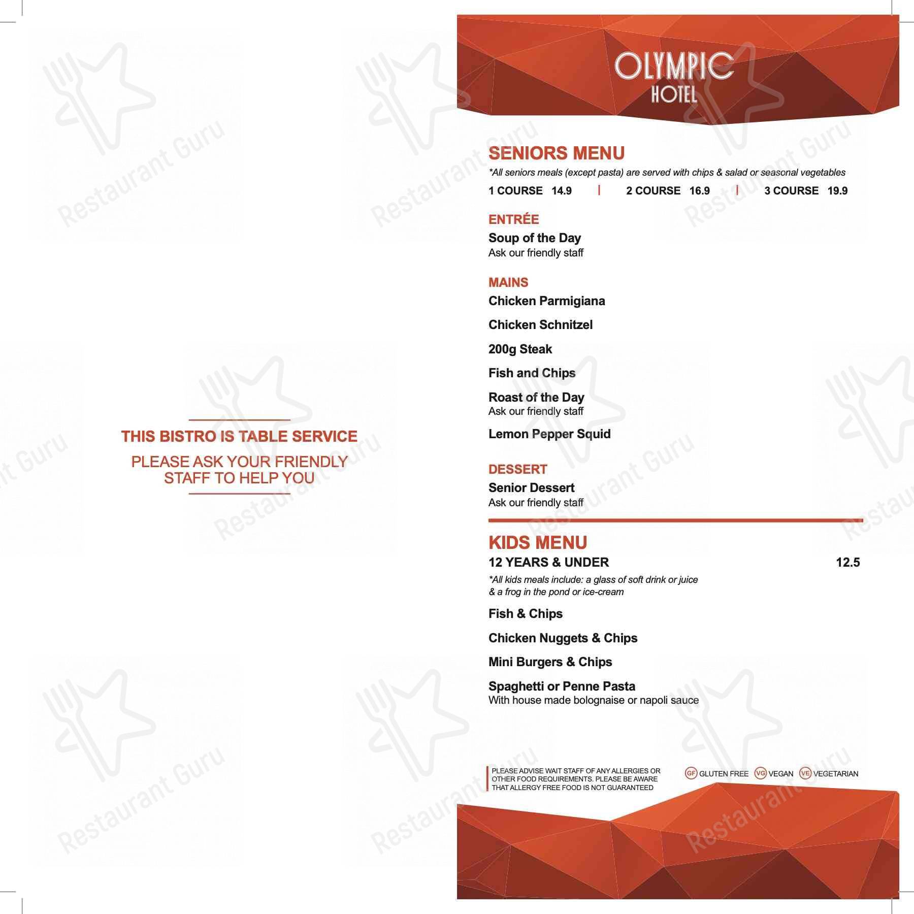 Menu at Olympic Hotel restaurant, Preston
