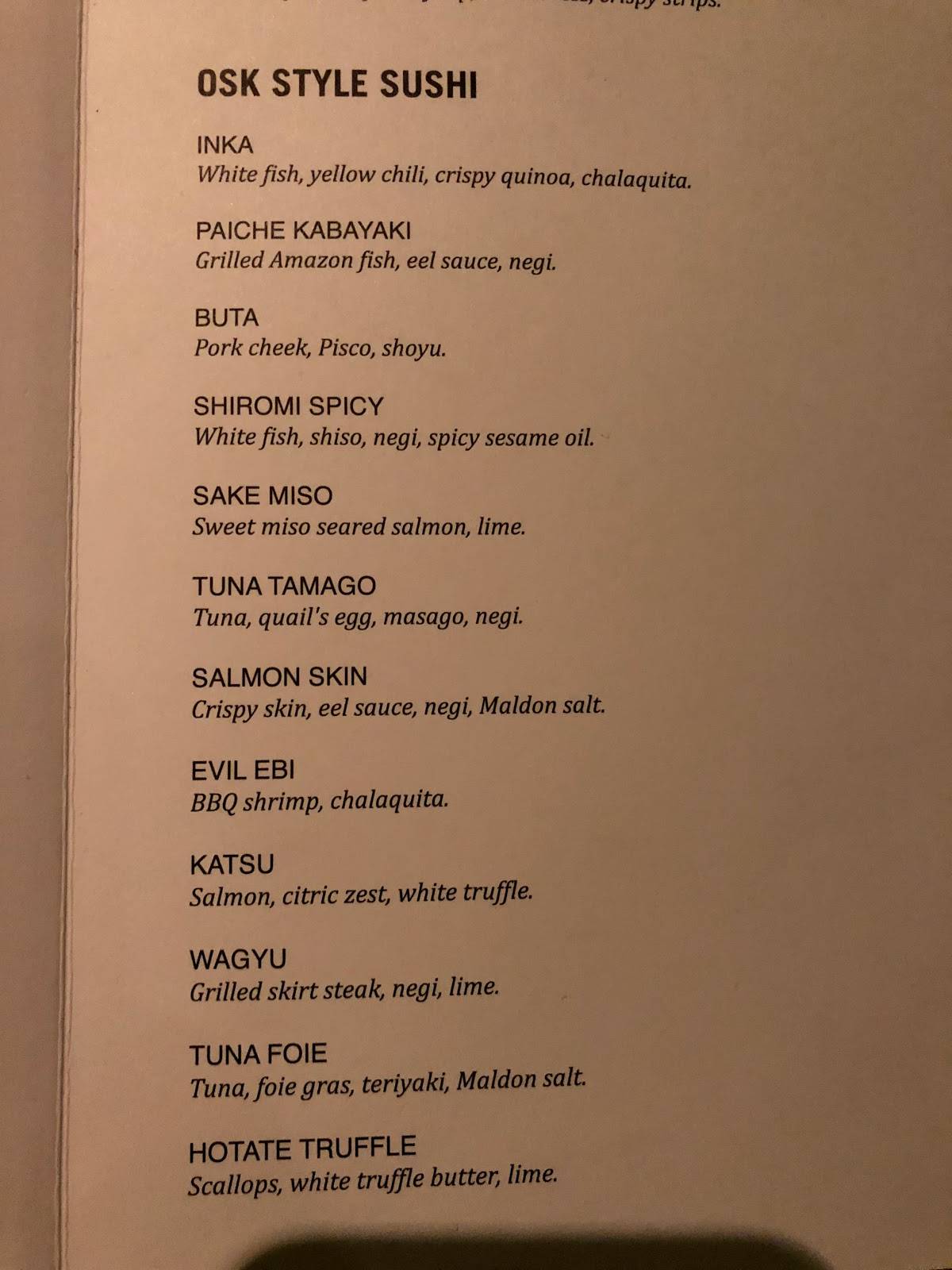 Carta del restaurante Osaka, San Isidro, Felipe