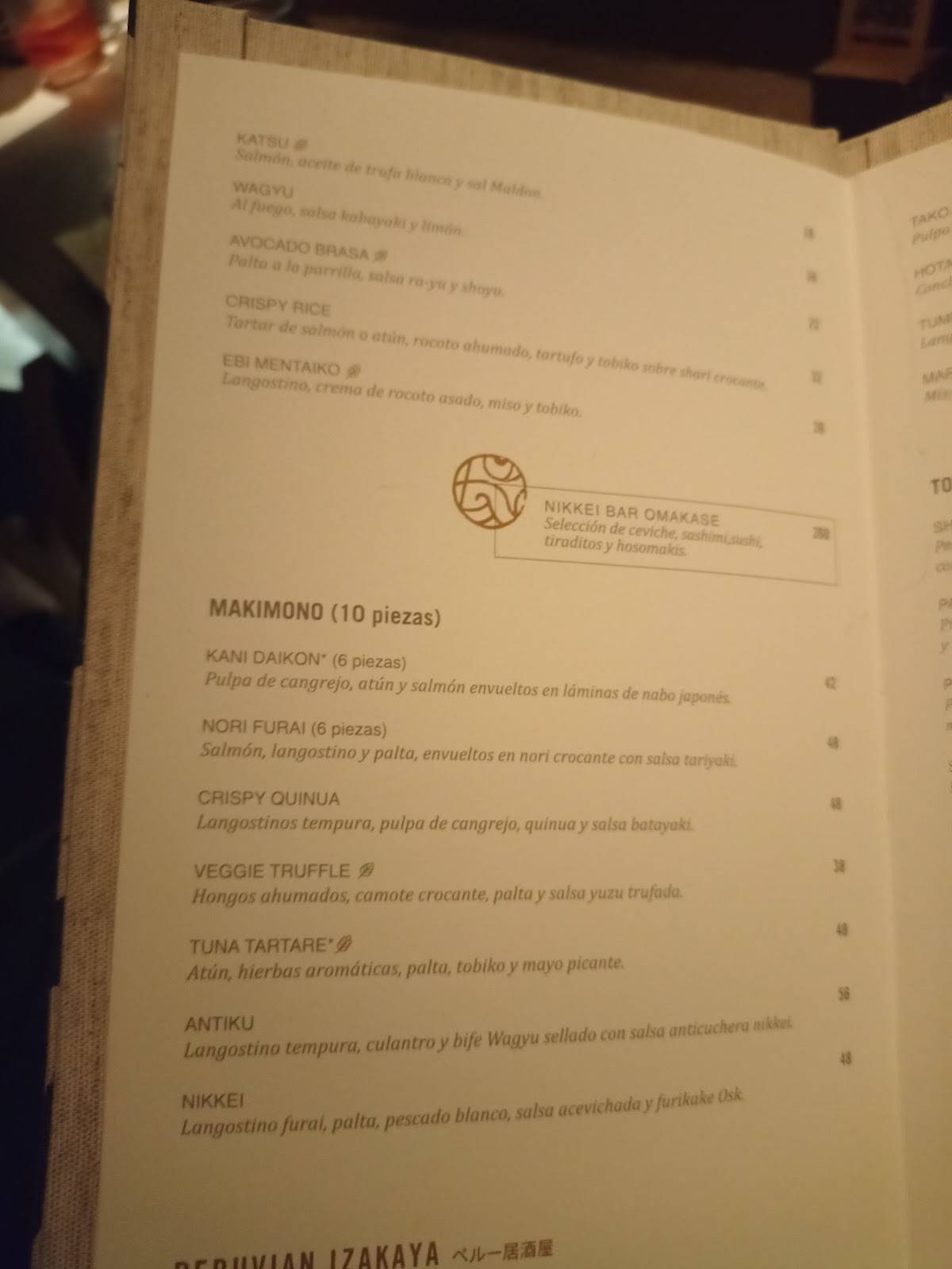 Carta del restaurante Osaka, San Isidro, Felipe
