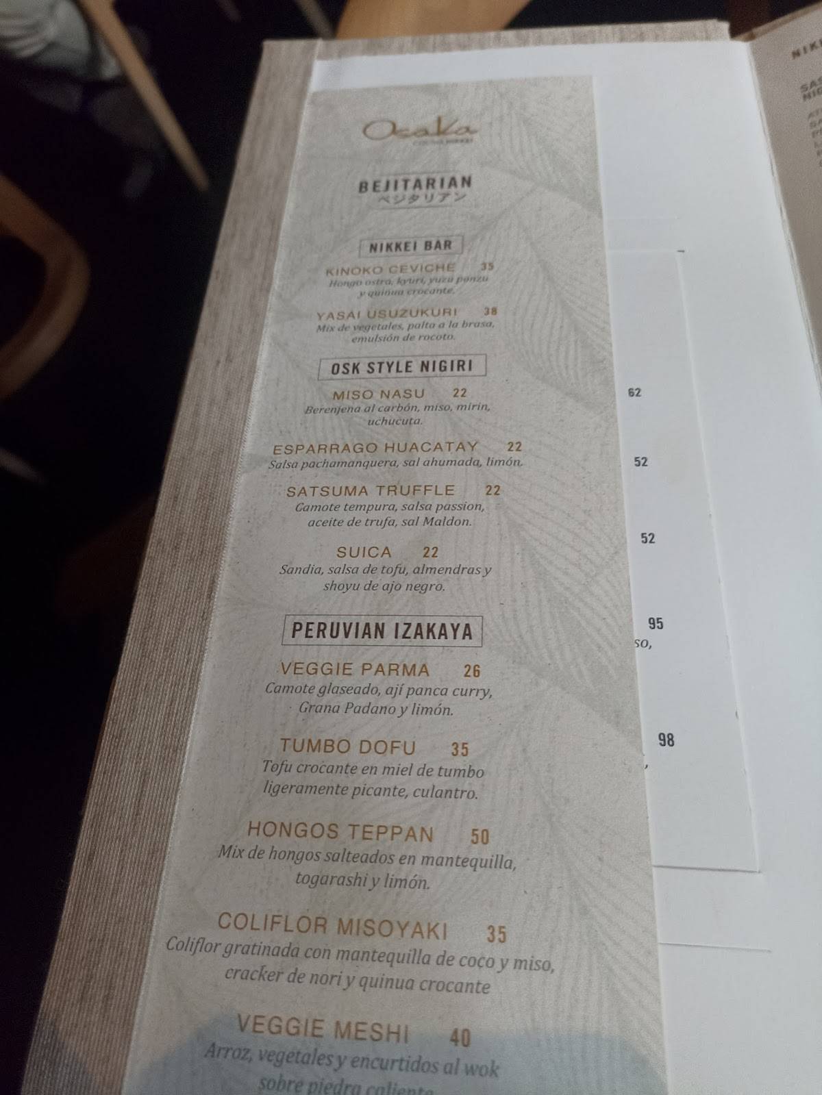 Carta del restaurante Osaka, San Isidro, Felipe