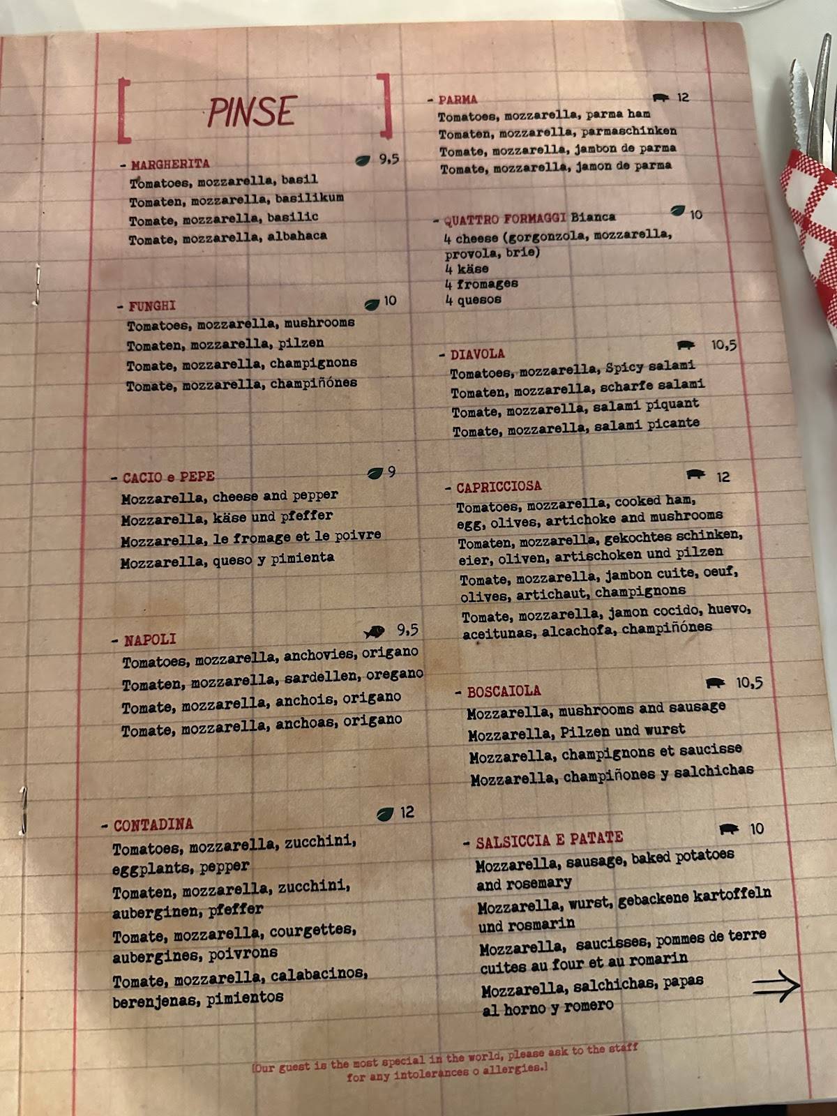 Menu at Nannarella restaurant, Rome