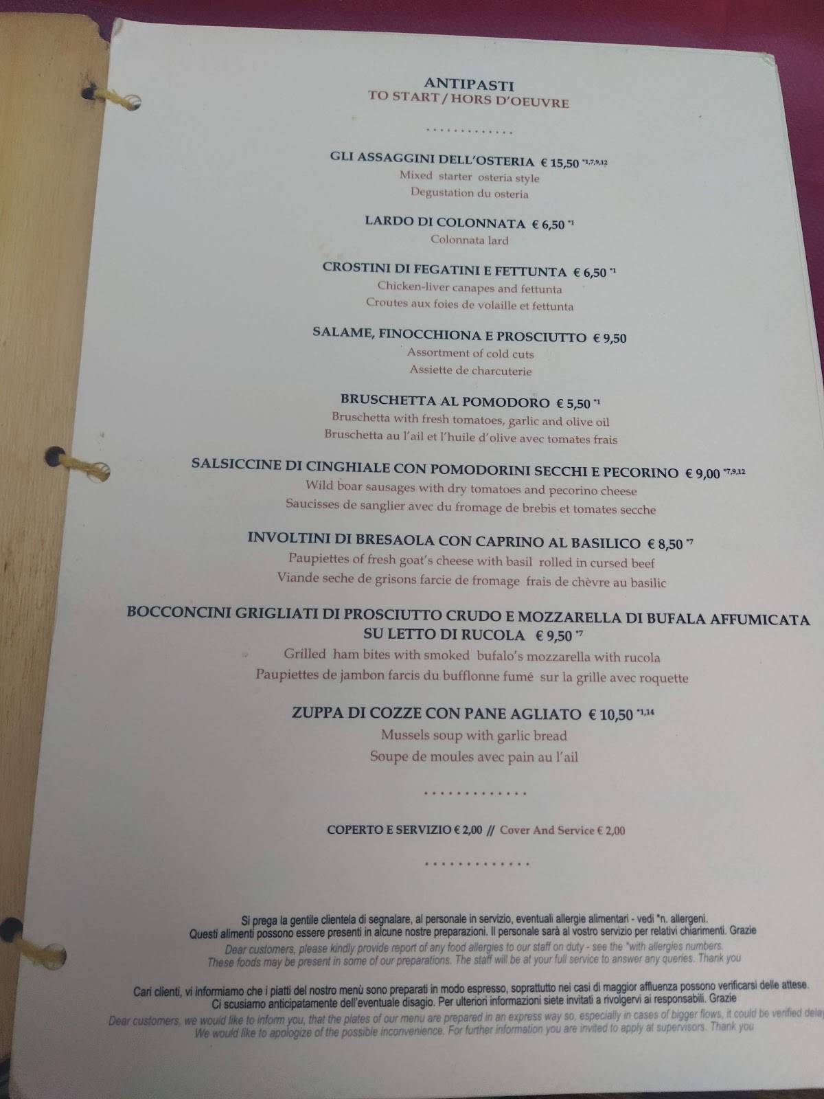 Menu at Osteria Santo Spirito restaurant, Florence, Piazza Santo Spirito