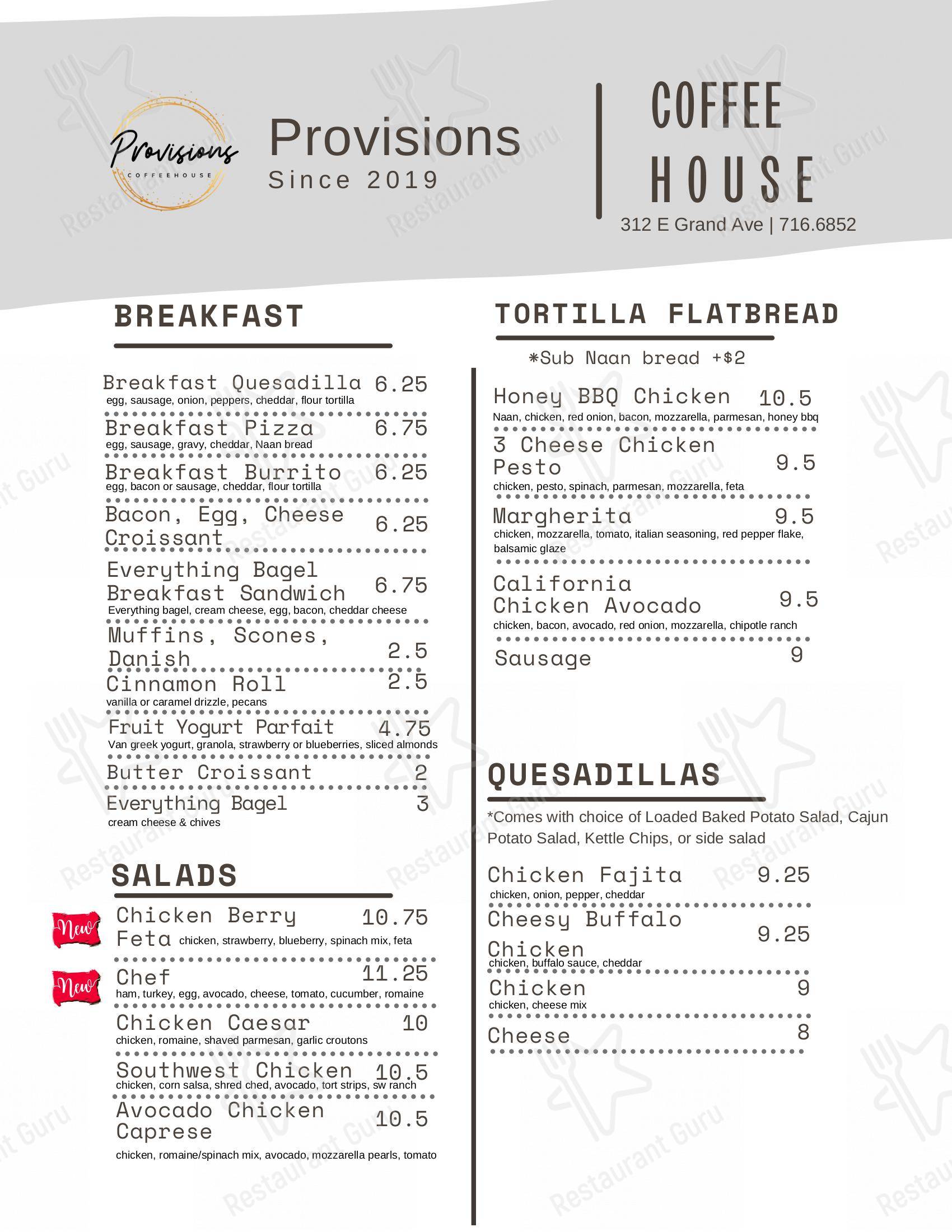 Menu at PC Provisions restaurant, Ponca City