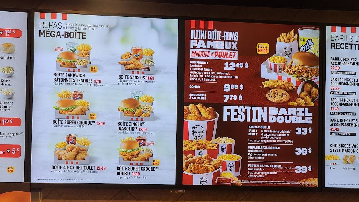 Menu au PFK restaurant, Sherbrooke, 736 Rue King E