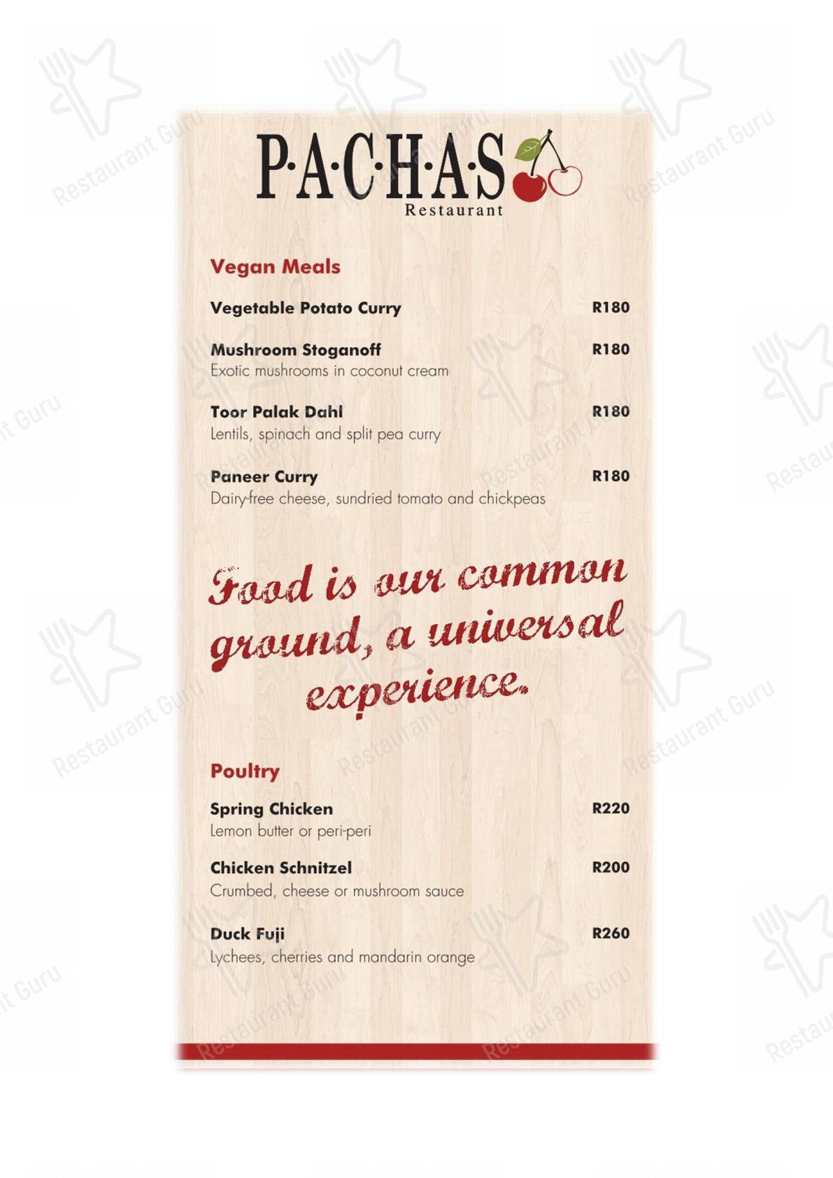 Menu at Pachas Restaurant, Pretoria