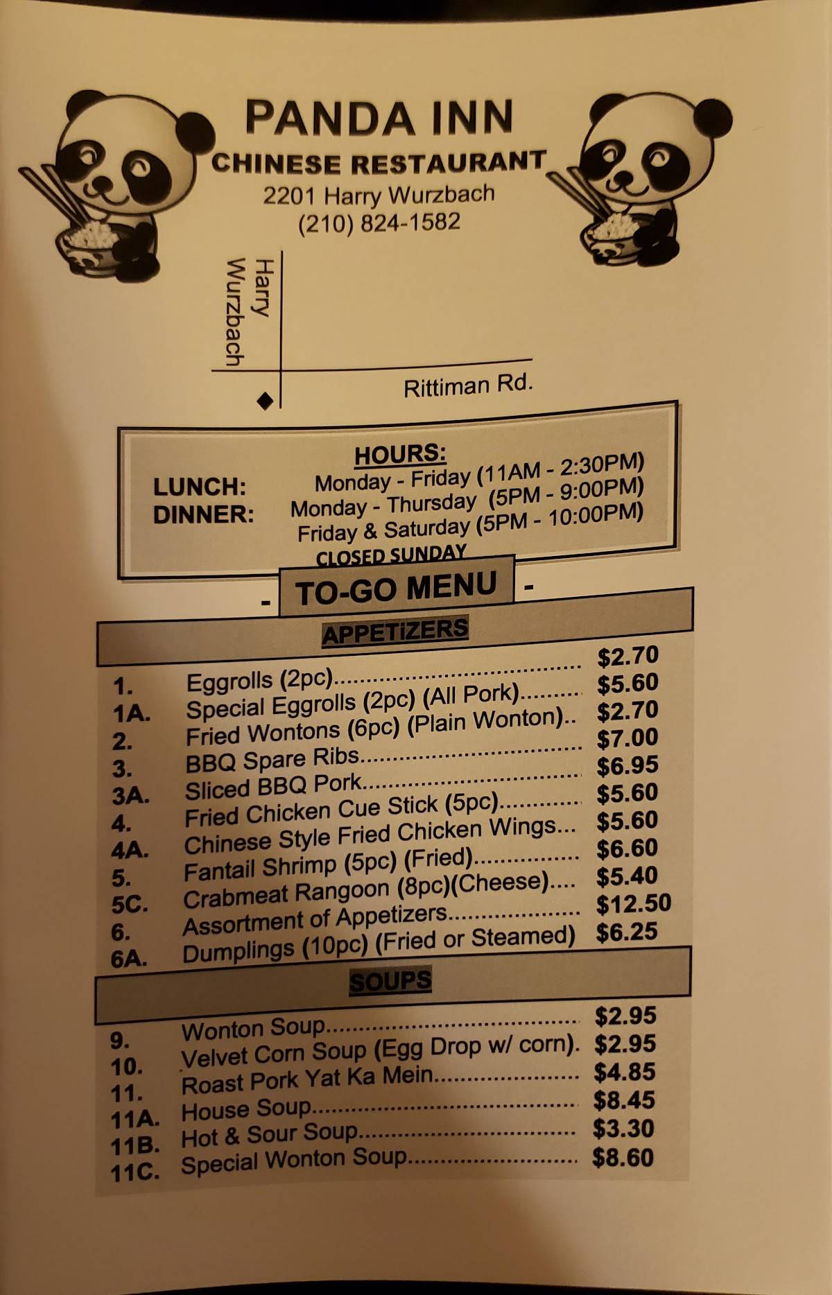 Menu at Panda Inn restaurant, San Antonio, Harry Wurzbach Rd