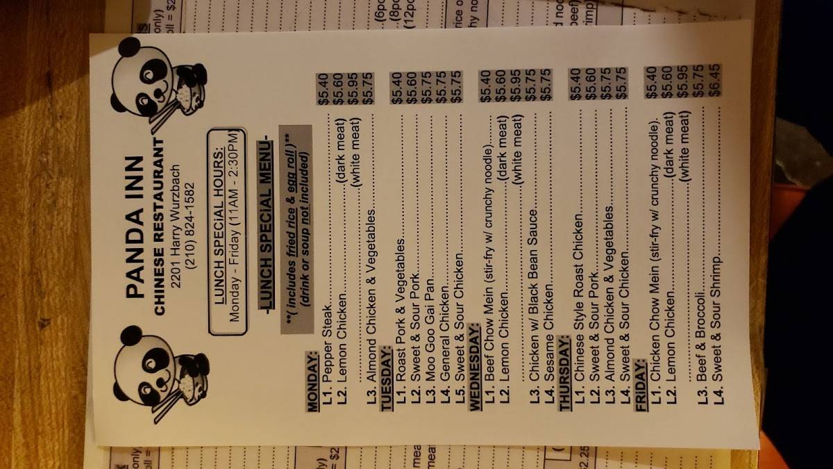 Menu at Panda Inn restaurant, San Antonio, Harry Wurzbach Rd