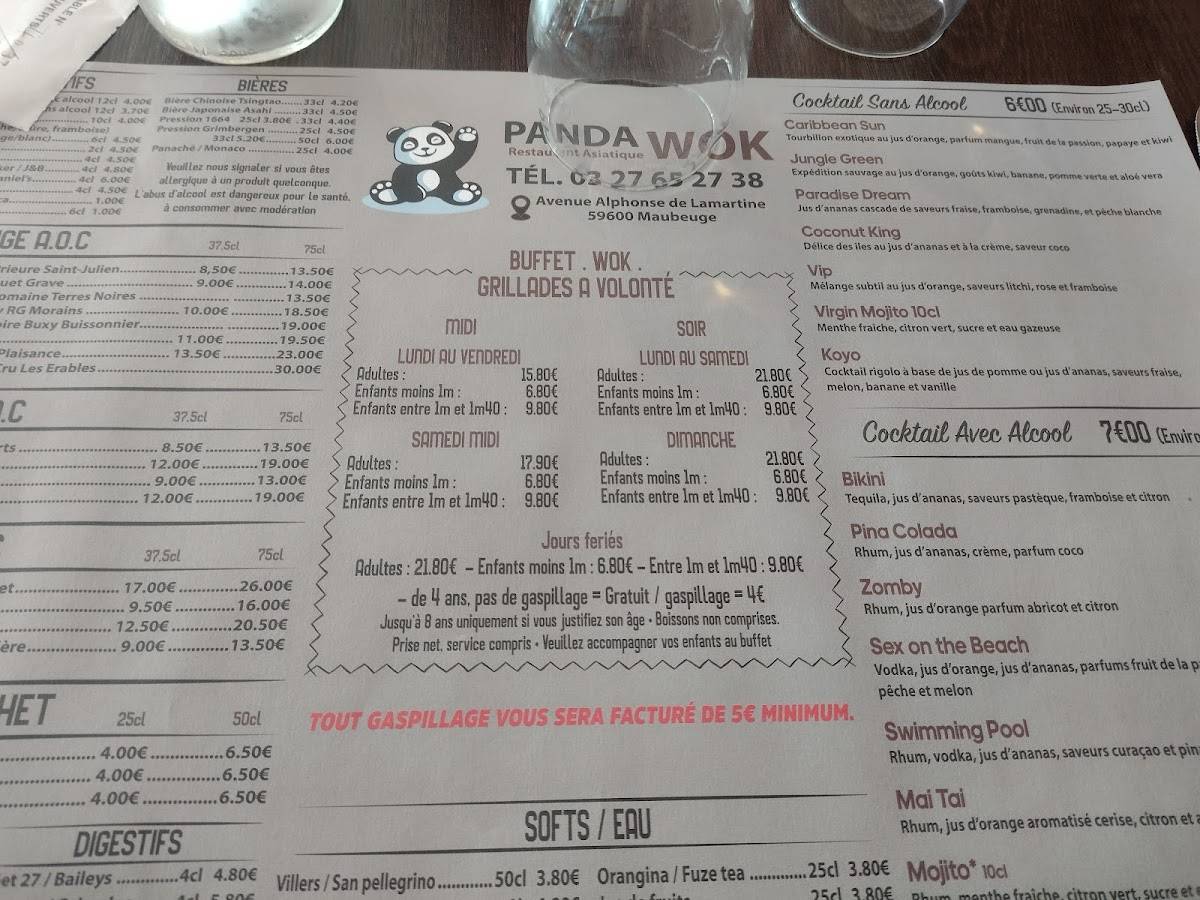 Menu au Panda Wok restaurant, Maubeuge