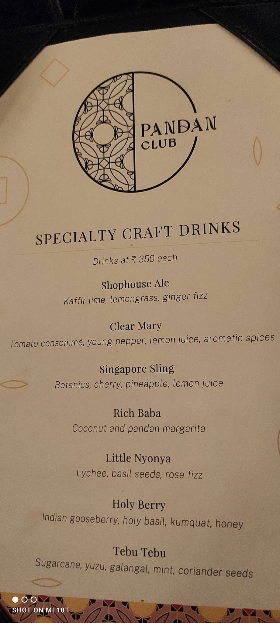 Menu at Pandan Club, Chennai