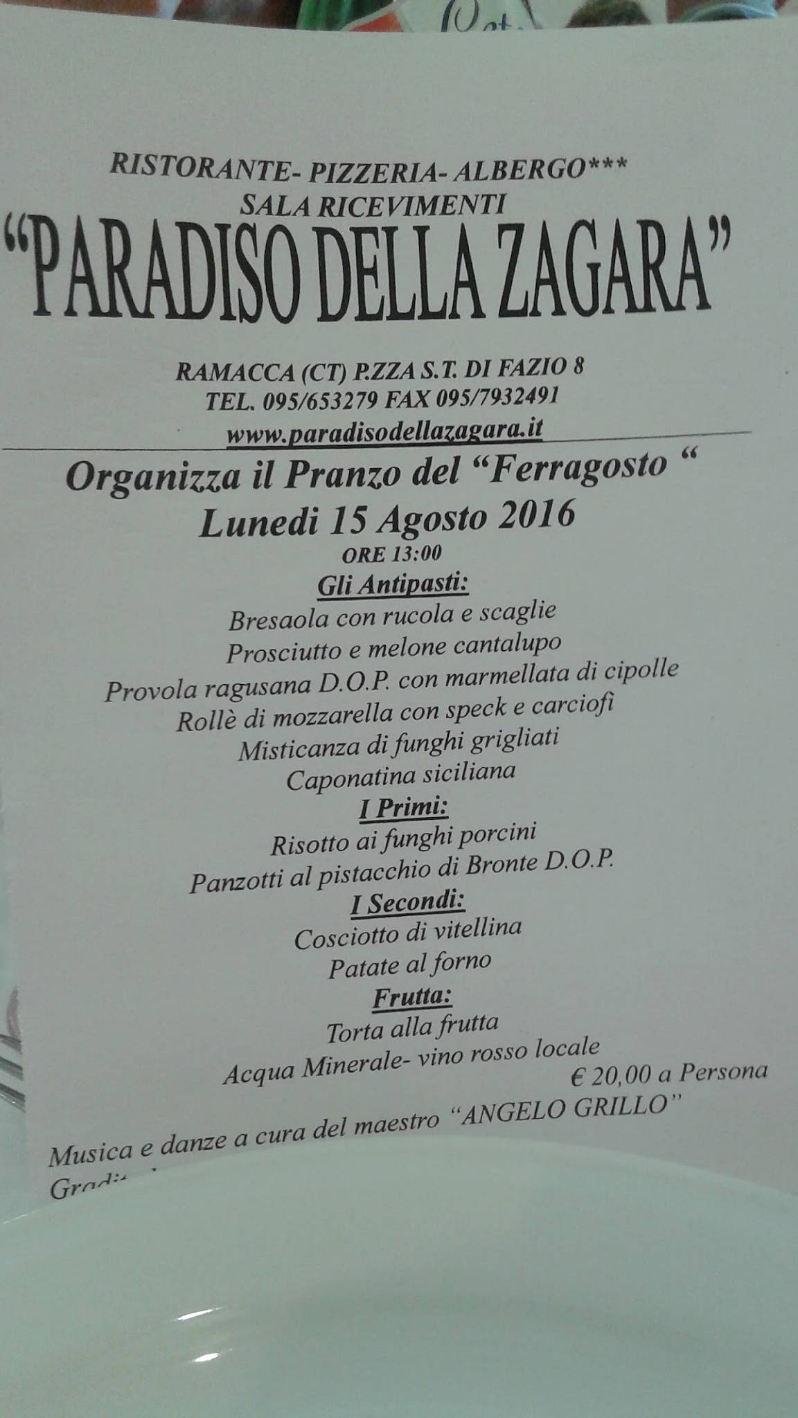 Carta del restaurante Paradiso della zagara, Ramacca