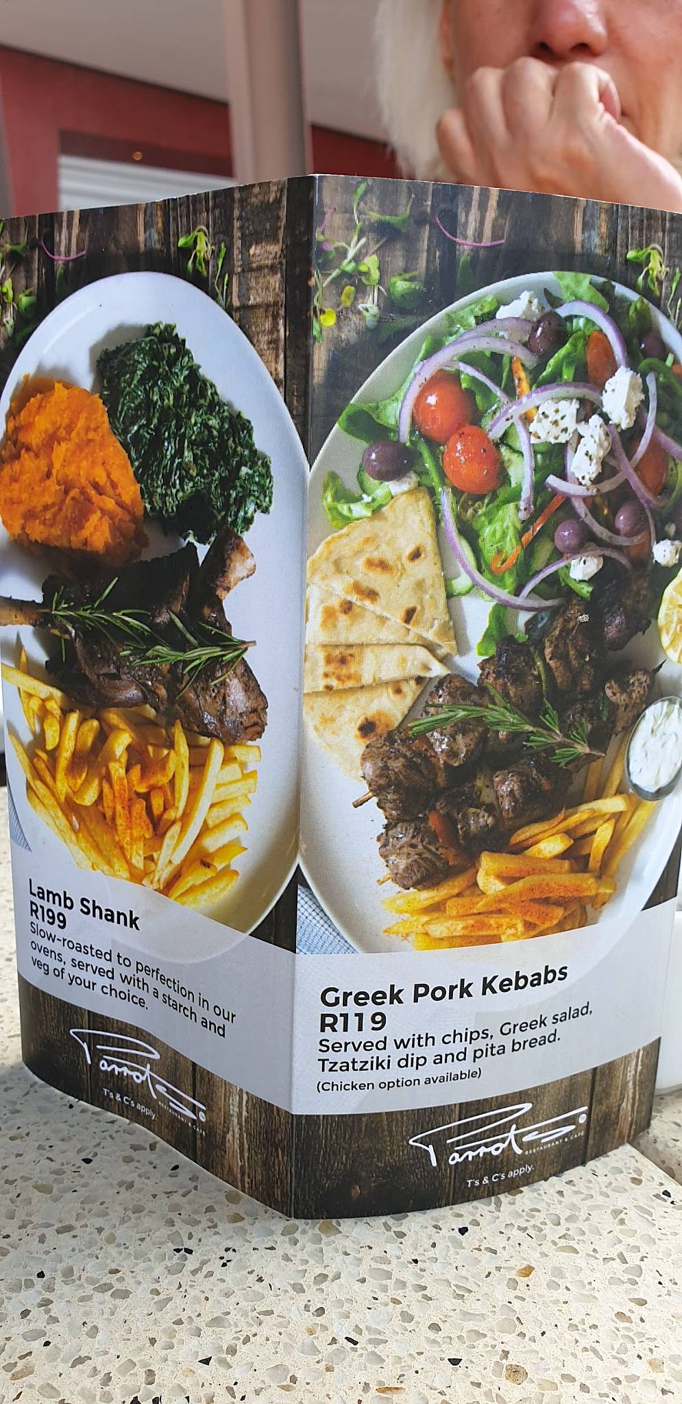 Menu at Parrots restaurant, Pretoria, Kolonnade Mall