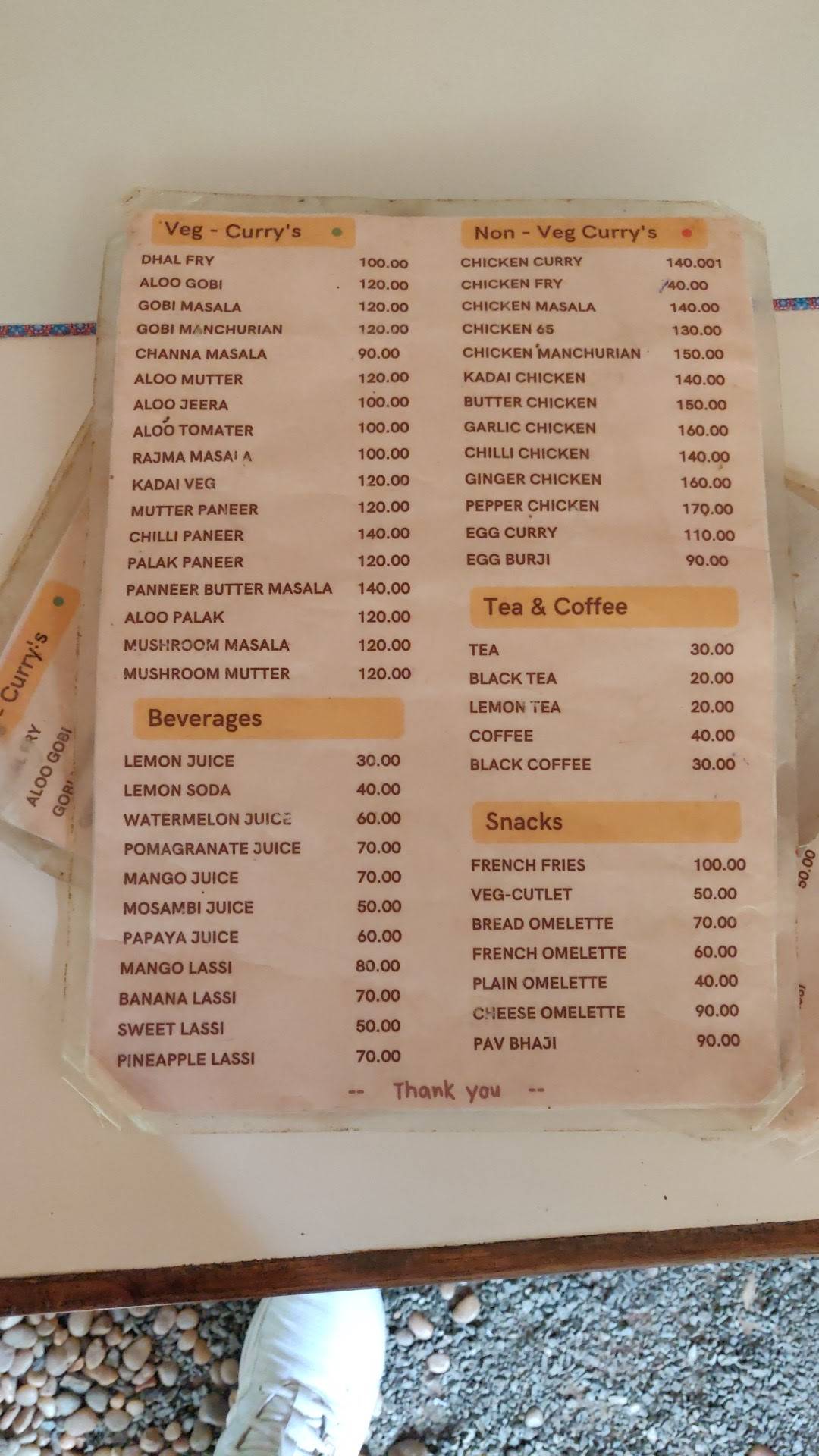 Menu at Pebbles Cafe, India