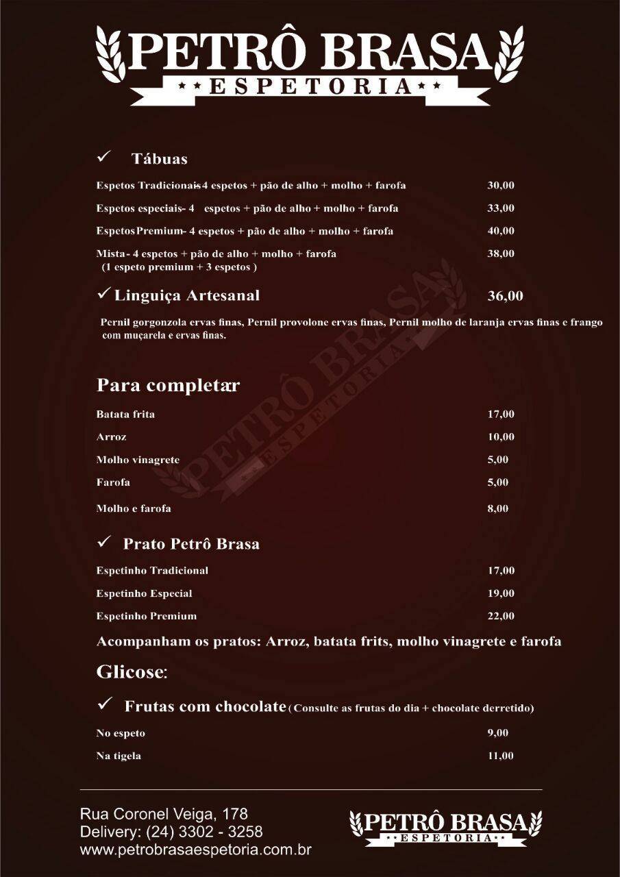 Menu at Petro Brasa ESPETORIA restaurant, Petrópolis