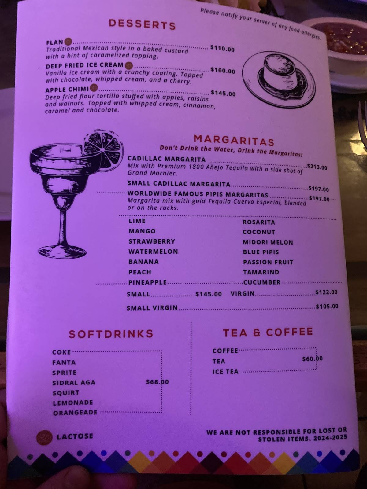 Menu at Pipis restaurant, Puerto Vallarta