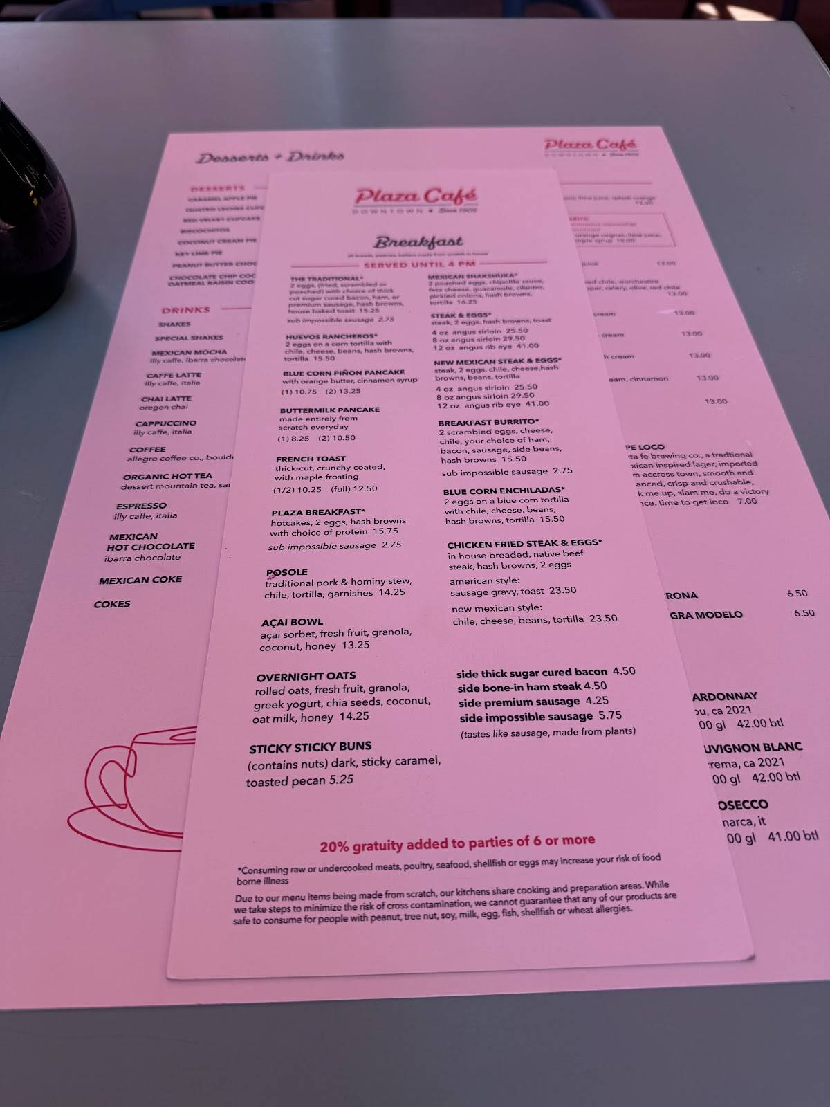 Menu at Plaza Cafe Downtown, Santa Fe