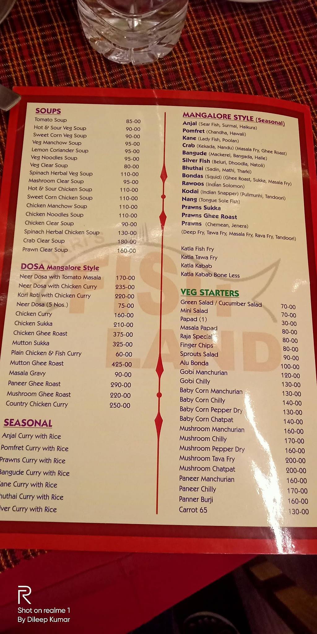 Menu at Poojari Fish Land, Mysuru
