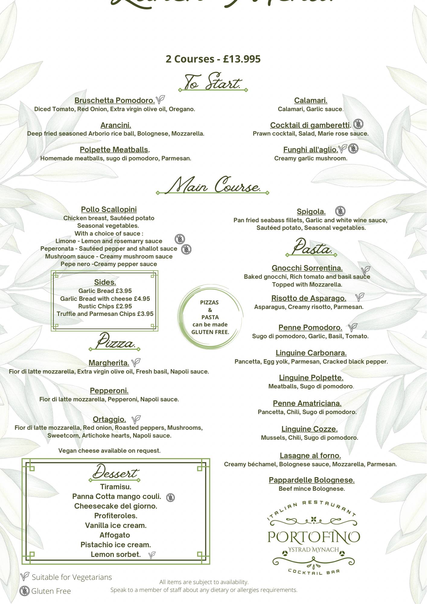 Menu at Portofino Ystrad Mynach restaurant, Hengoed