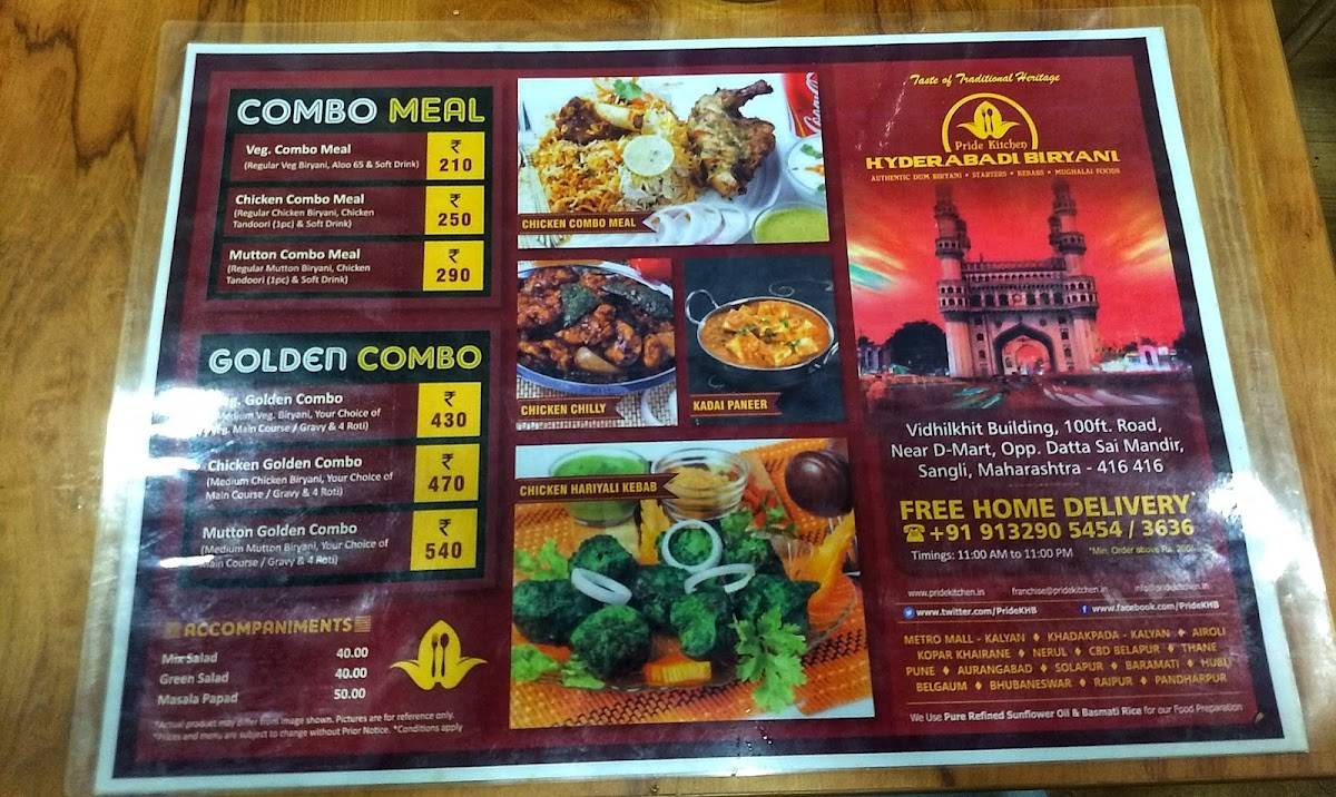 Menu at Pride Kitchen's Hyderabadi Biryani, Sangli