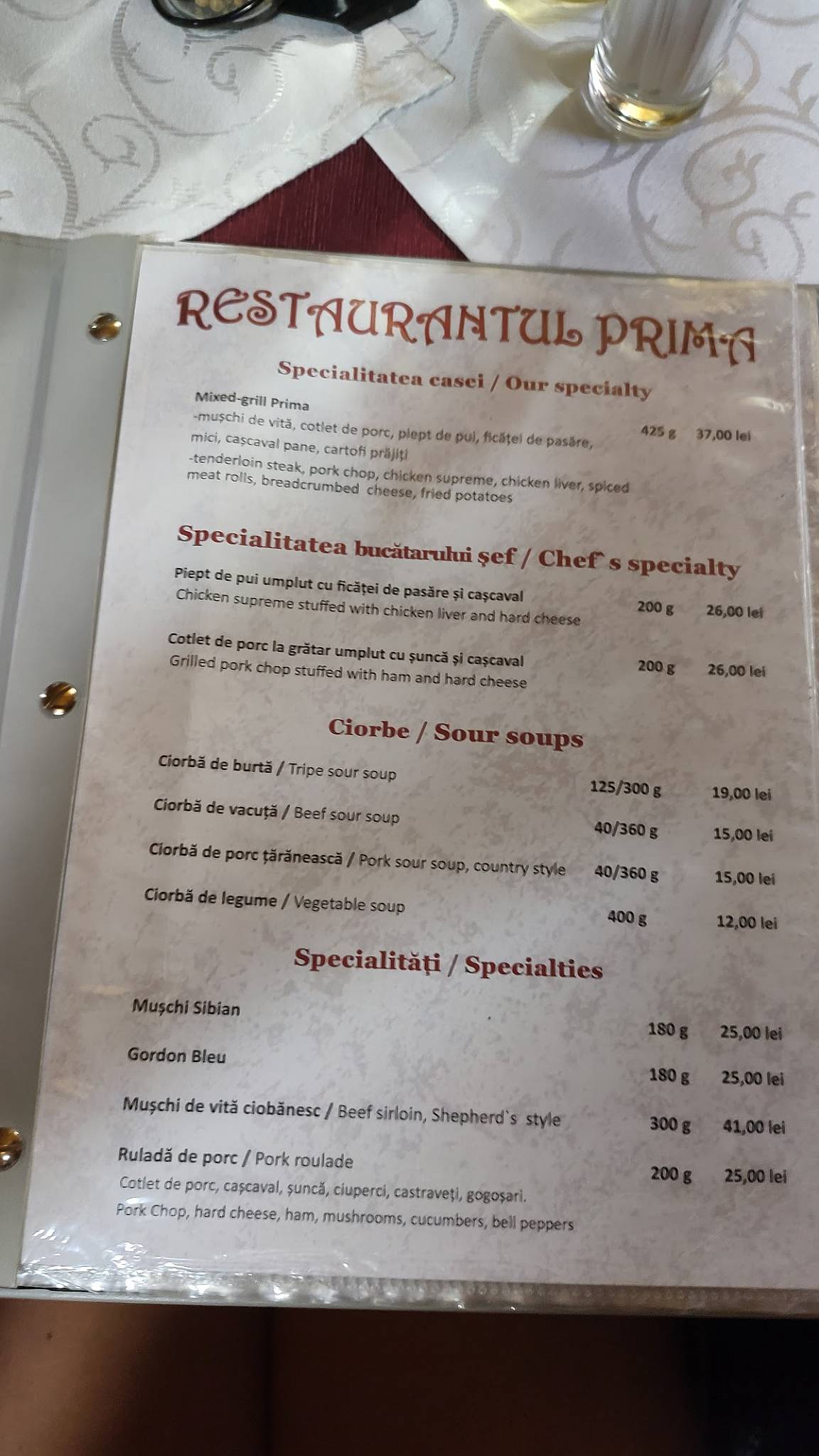 Menu at Restaurant Prima, Sibiu