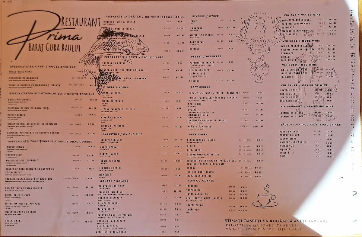 Menu at Restaurant Prima, Gura Râului, Strada Principală 390