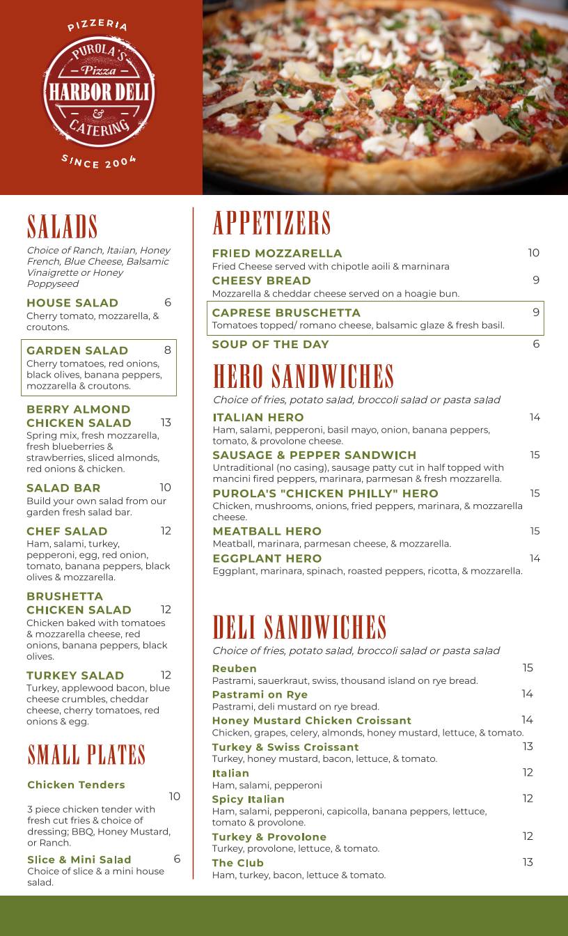 Menu at Purola's Harbor Deli restaurant, Ashtabula, Lake Ave
