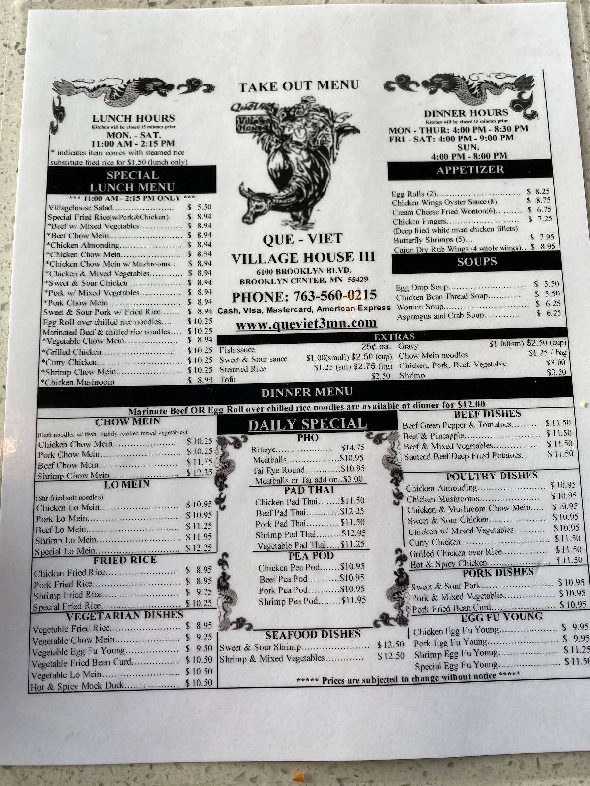 Menu at Que Viet Village House 3 restaurant, Brooklyn Center