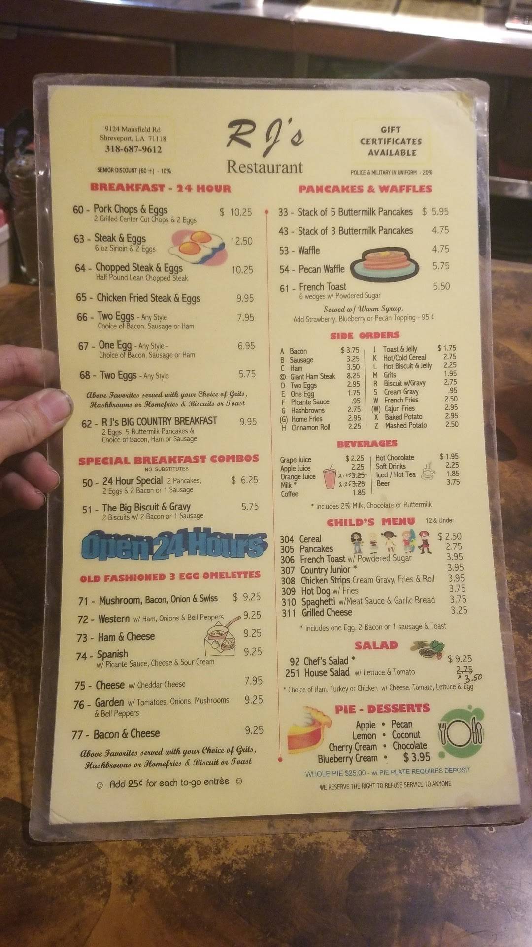 Menu at RJ's restaurant, Shreveport