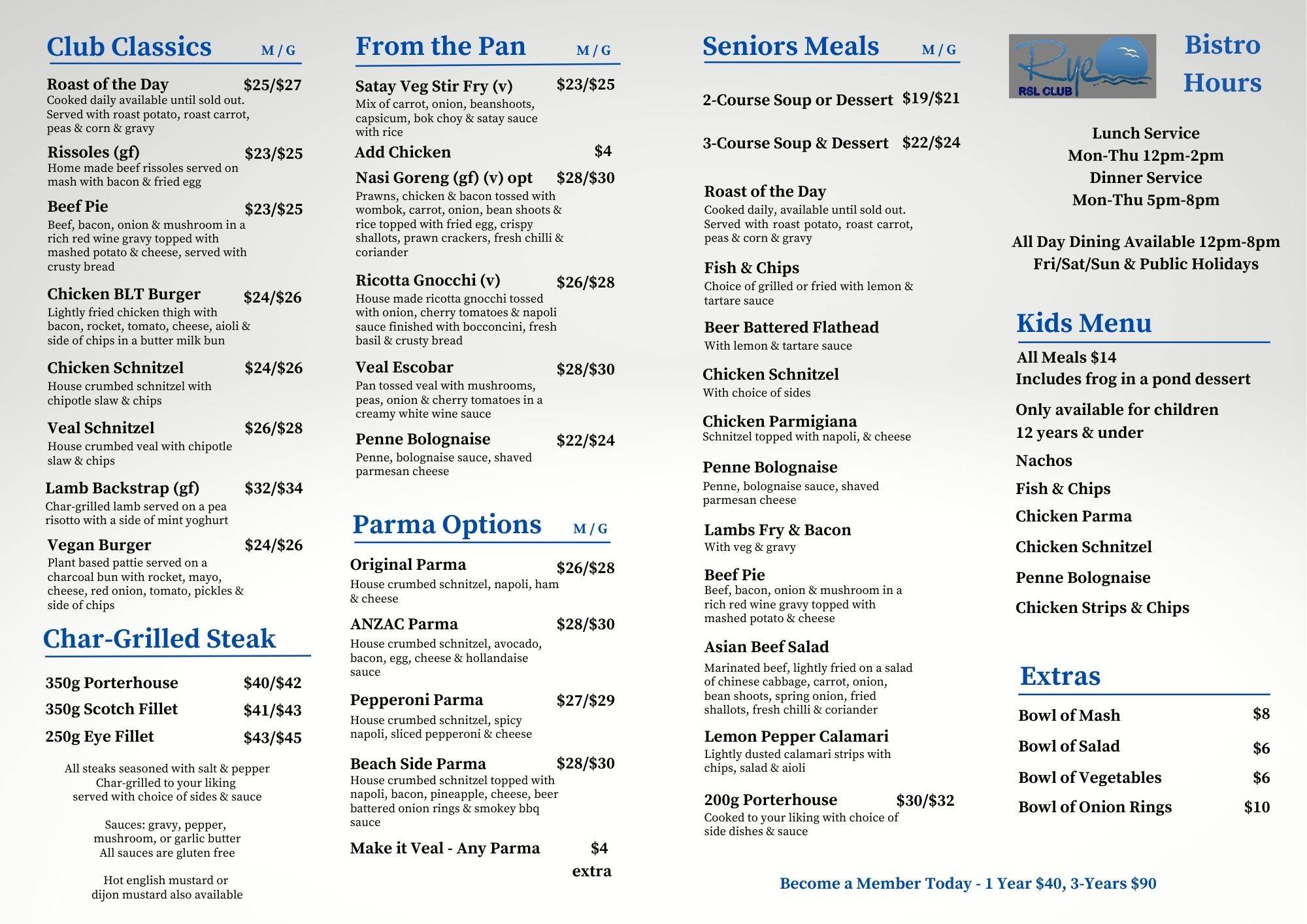 Menu at RYE RSL restaurant, Rye