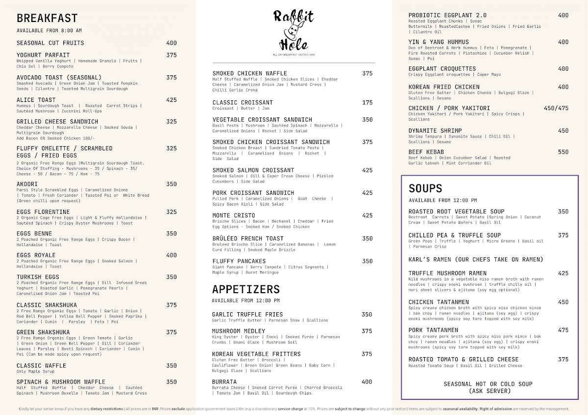 Menu at Rabbit Hole Goa, Siolim