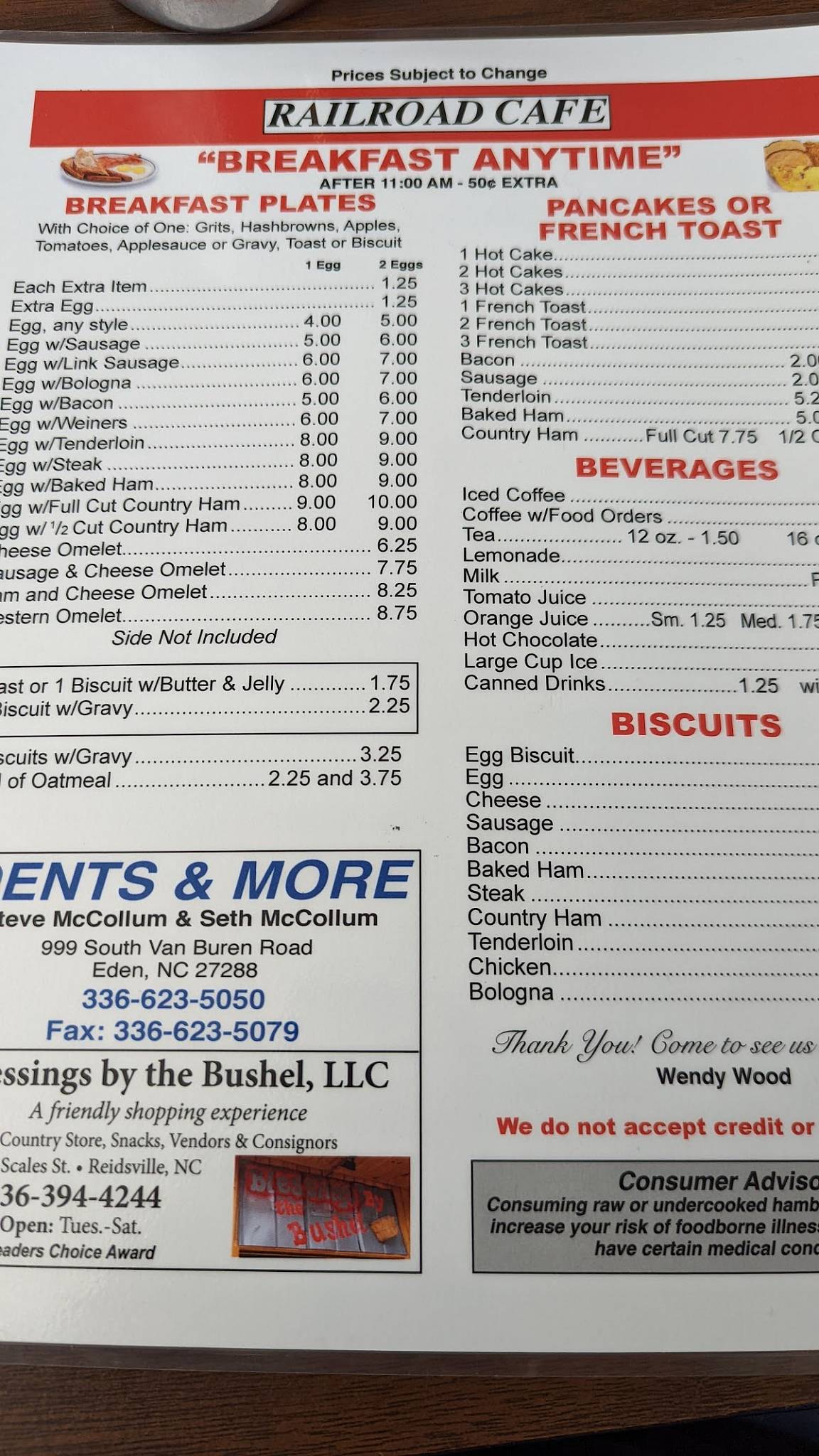 Menu at Railroad Cafe, Eden