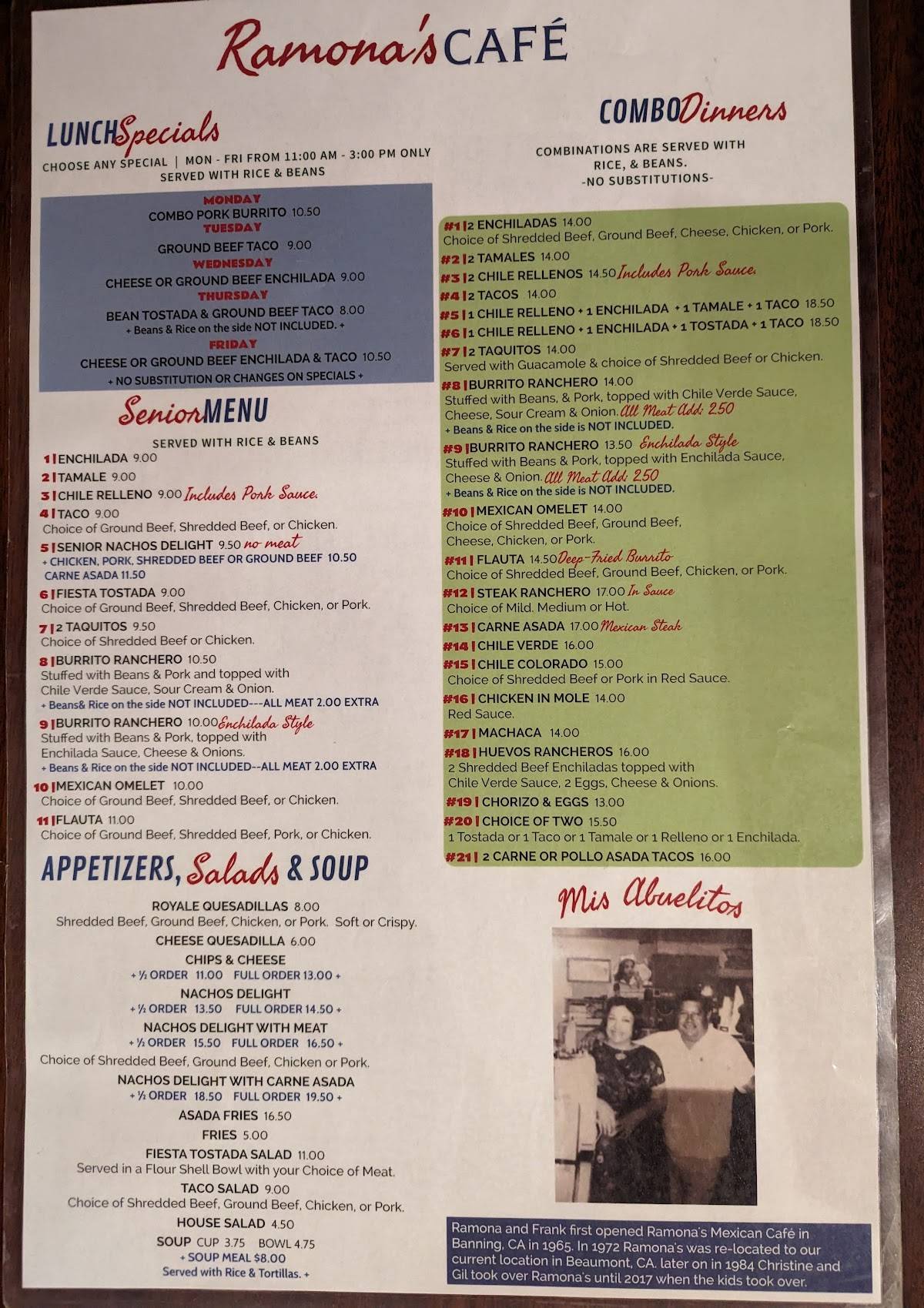 Menu at Ramona's Restaurant, Beaumont
