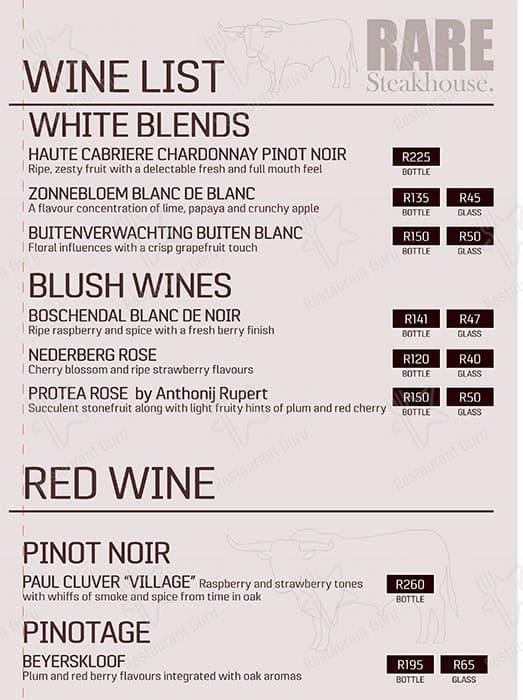 Menu at RARE Steakhouse - Clearwater Mall, Roodepoort, ShopLM 132A