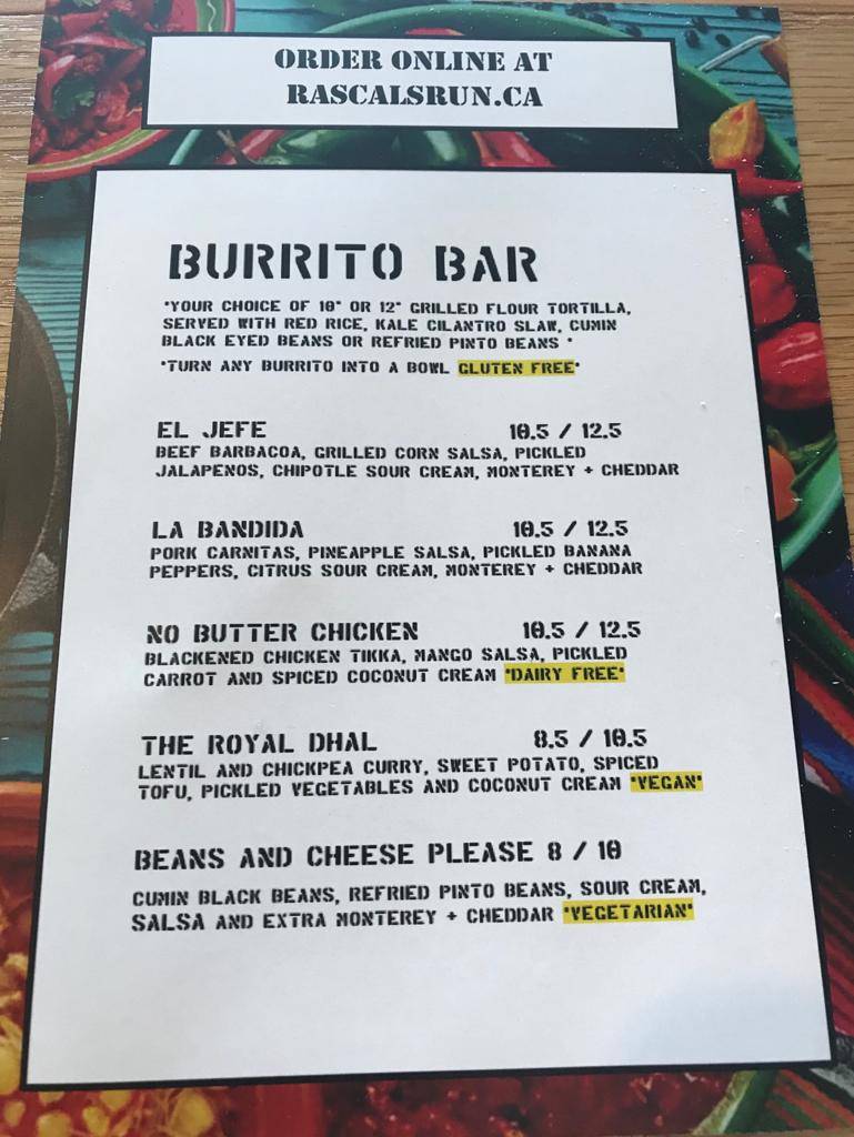 Menu at Rascals Burrito Bar Lunenburg (moved to 724 King Street ...