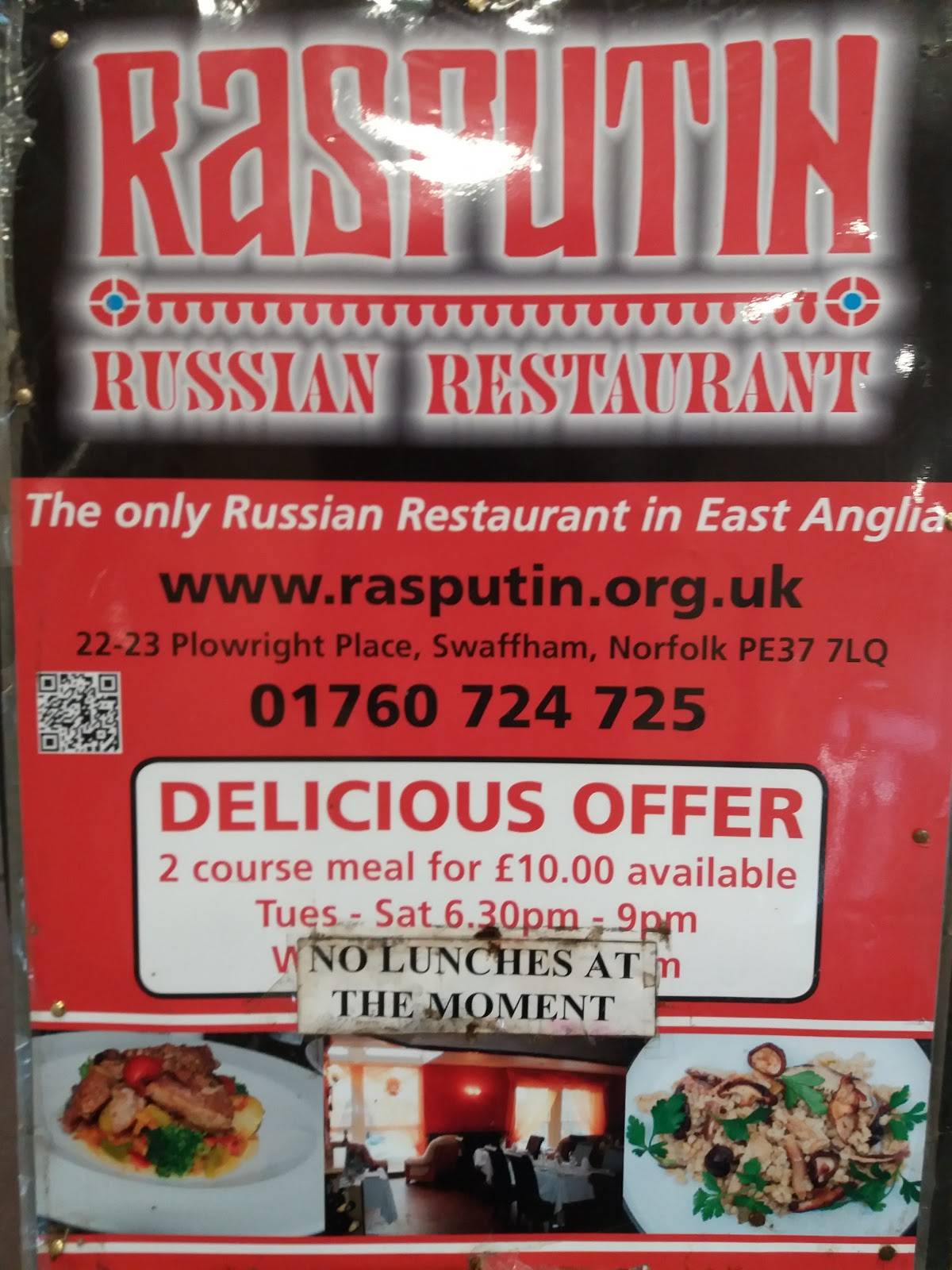 Menu at Rasputin restaurant, Swaffham