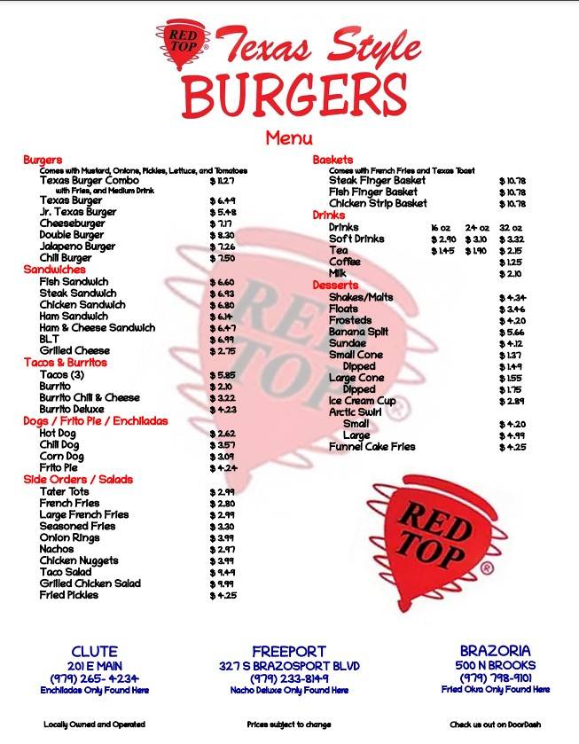 Menu at Red Top Restaurant, Clute