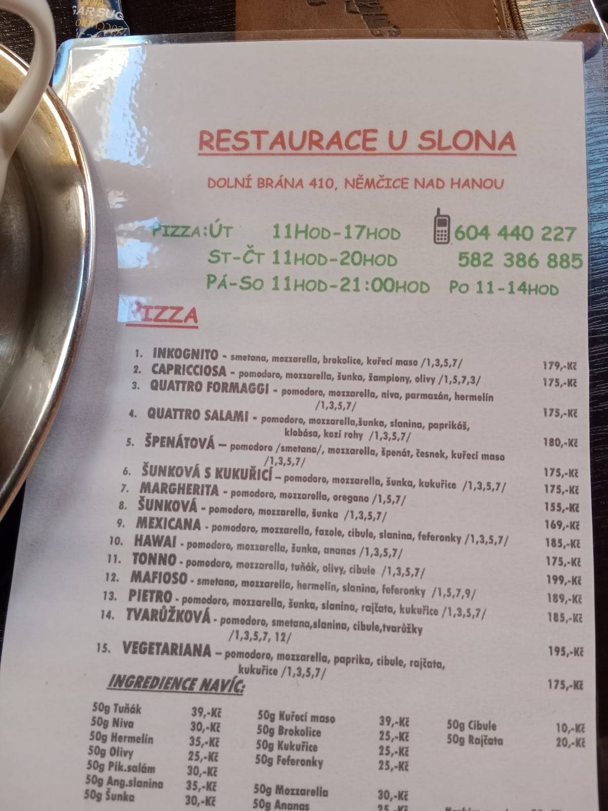 Menu at Restaurace u Slona restaurant, Němčice nad Hanou