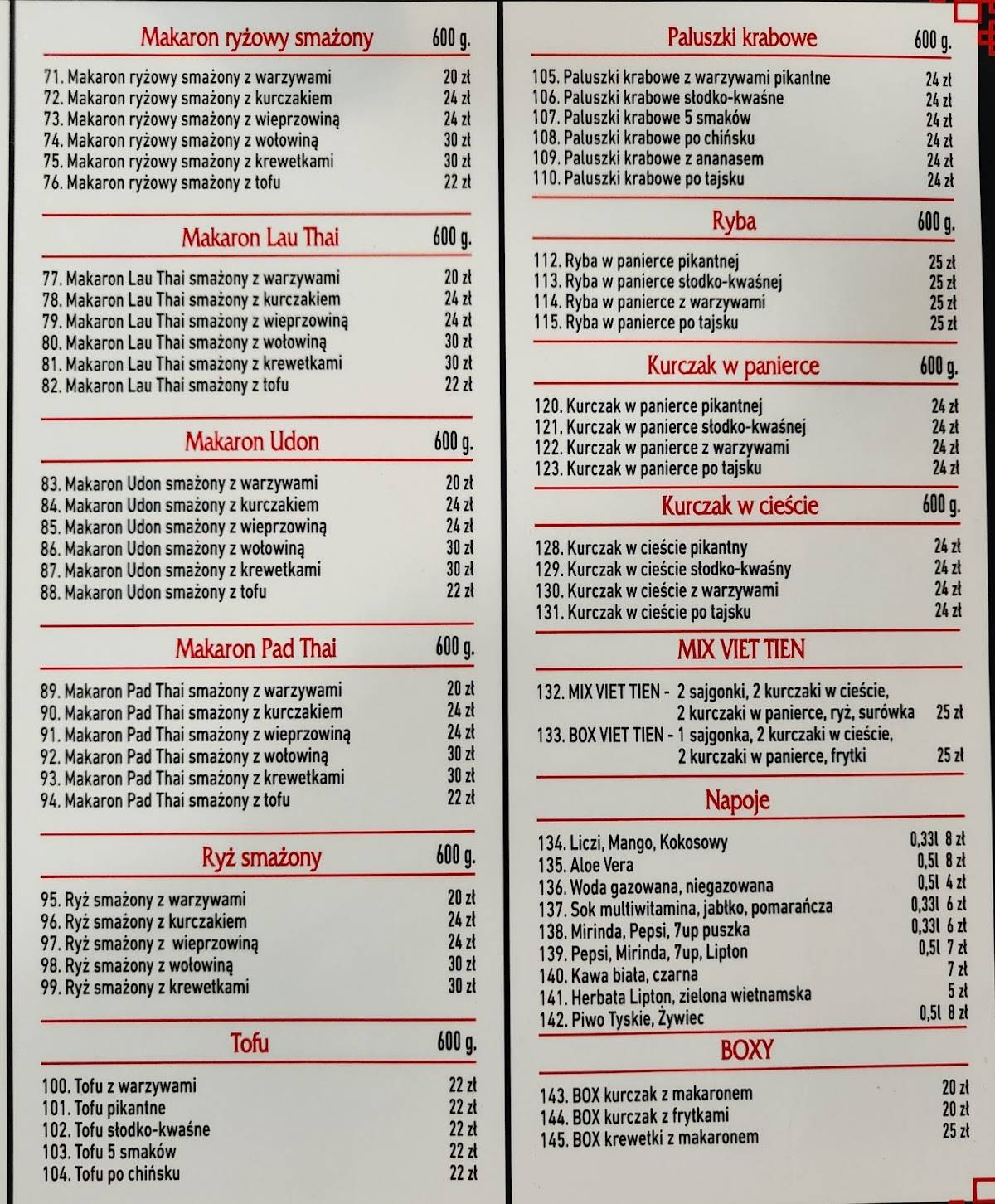 Menu at Restauracja Viet-Tien restaurant, Myszkow
