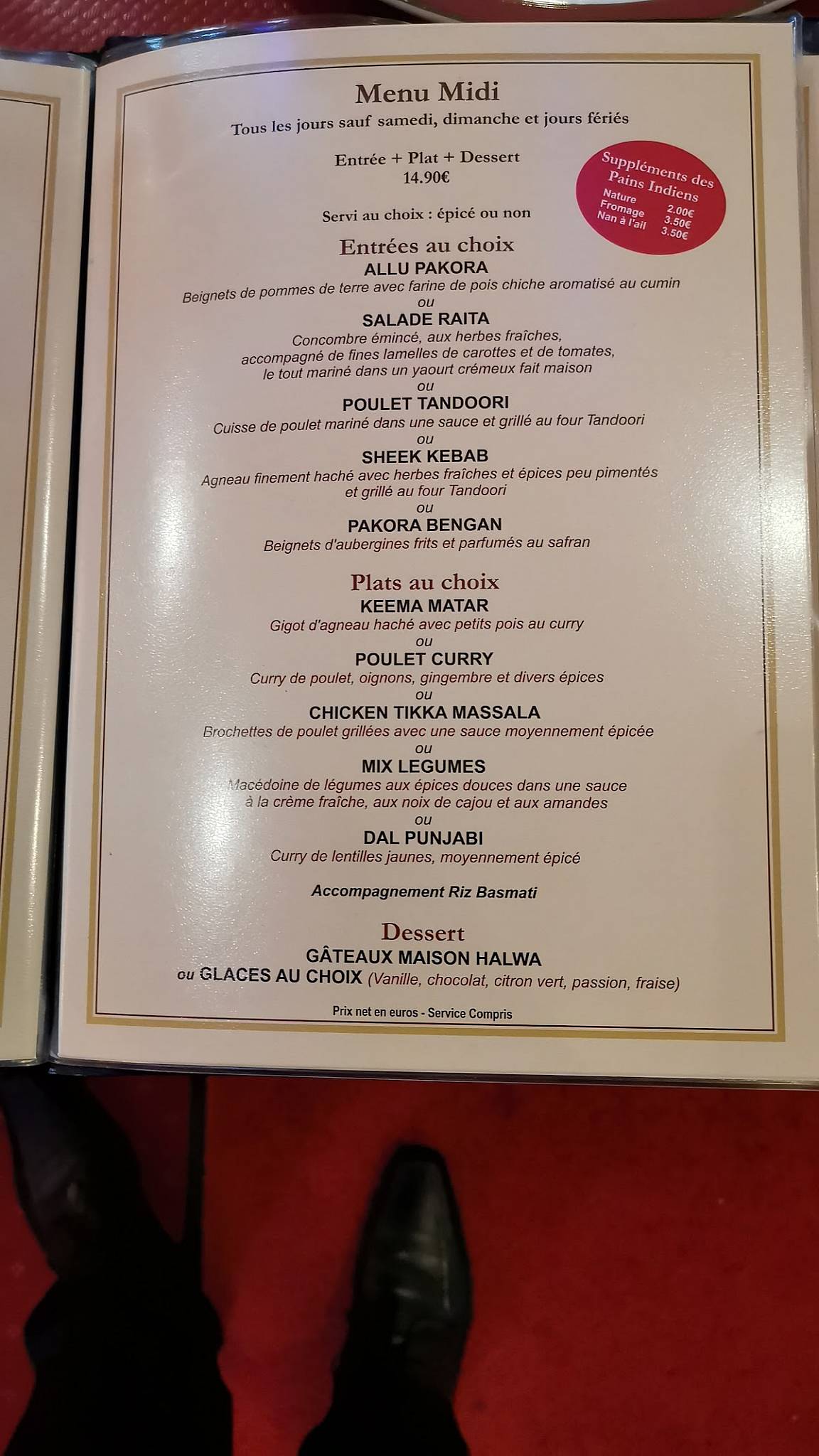 Menu au Restaurant Agra Laval, Laval