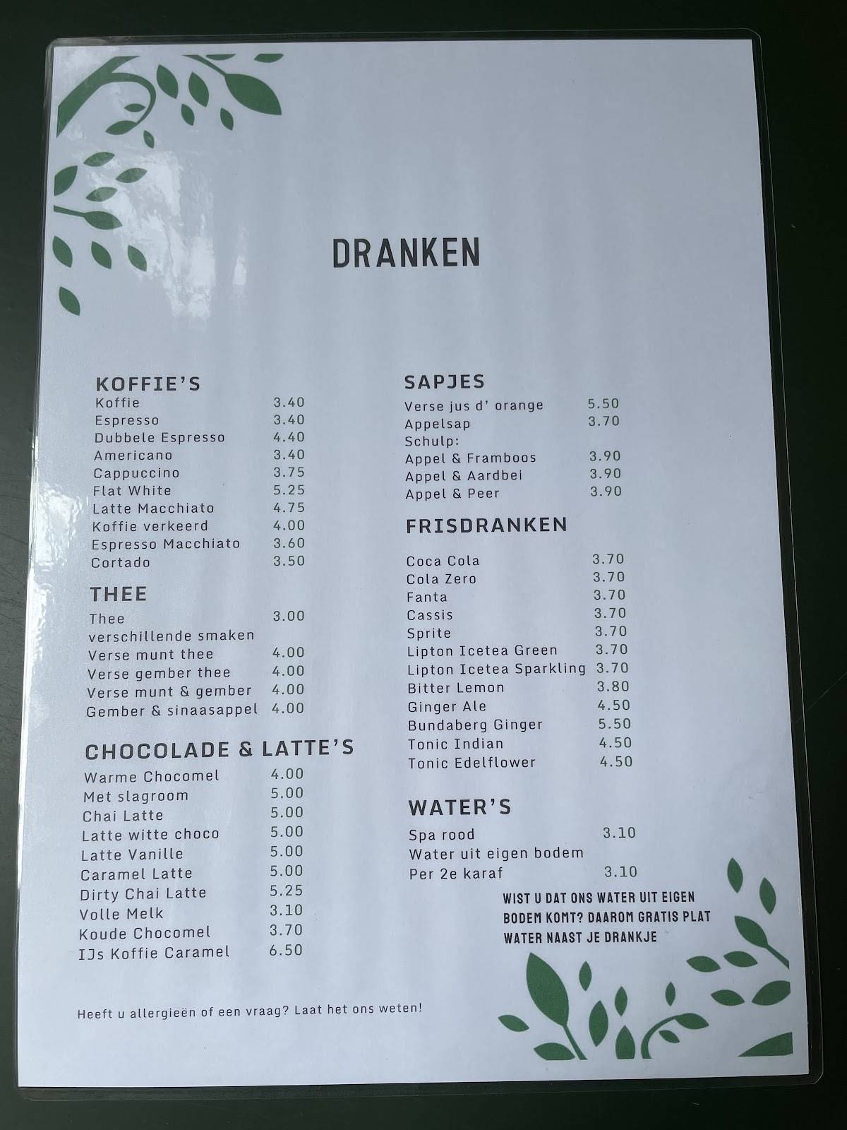 Menu at Restaurant Bos-Thuis, Soest