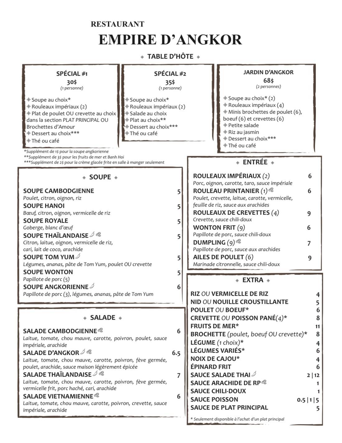 Menu au Empire D'Angkor restaurant, Terrebonne
