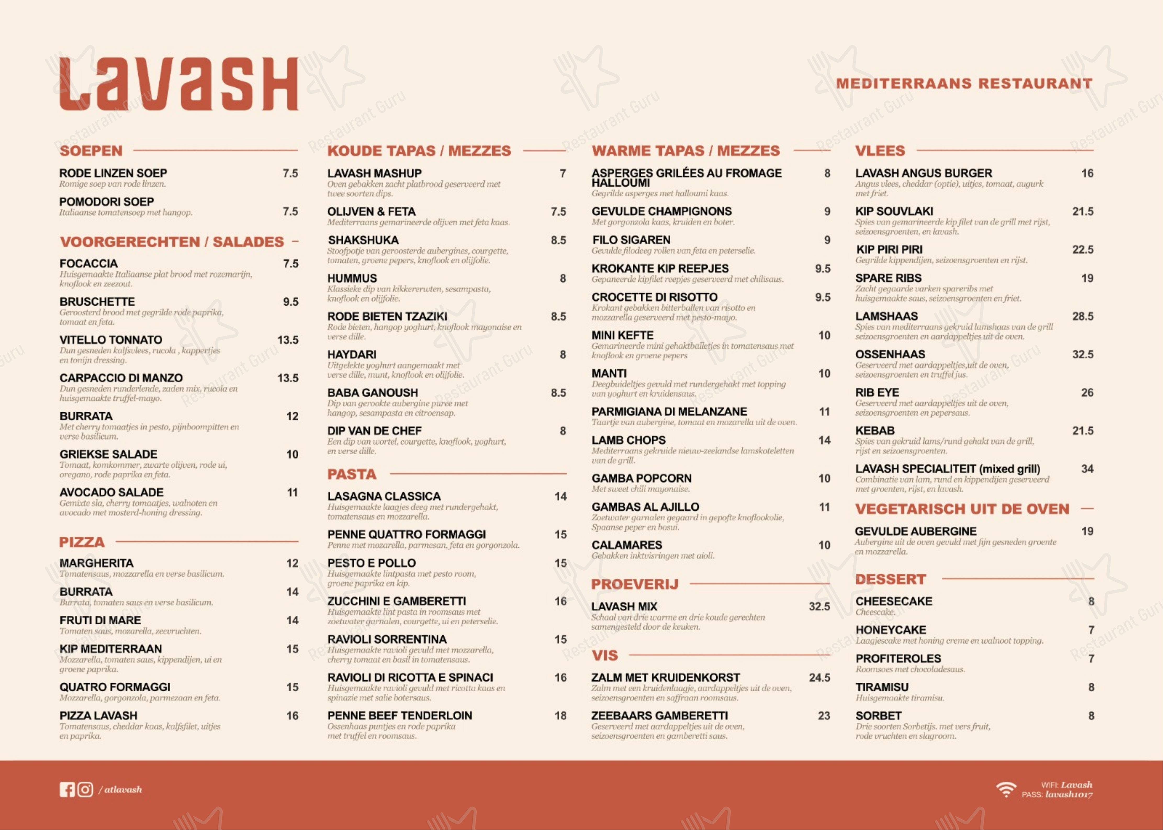 Carta de Restaurant Lavash, Amsterdam
