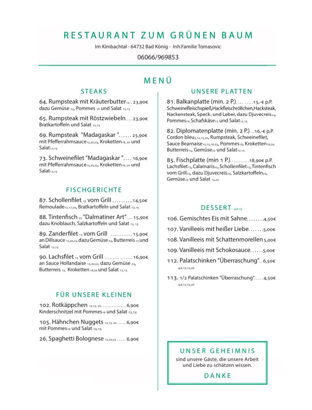 Speisekarte von Grüner Baum restaurant, Bad König, Im Kimbachtal 40