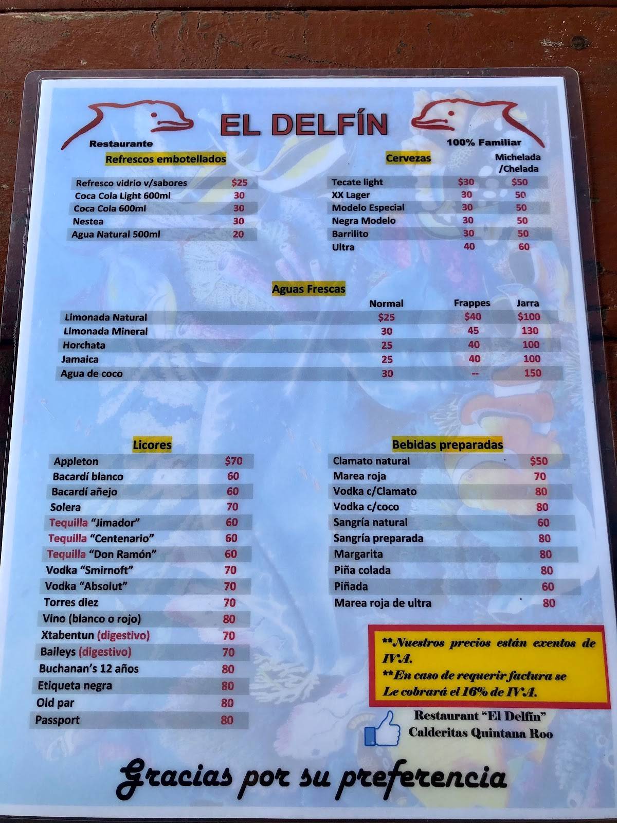 Carta de Restaurante El Delfín, Calderitas