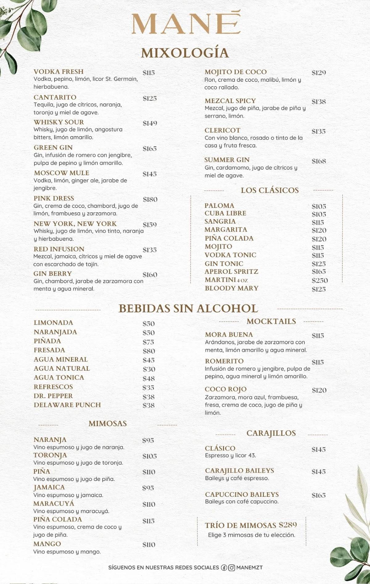Carta del restaurante MANÉ, Mazatlán