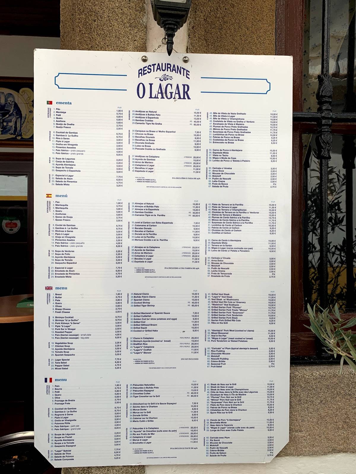 Menu em Restaurante O Lagar, Elvas