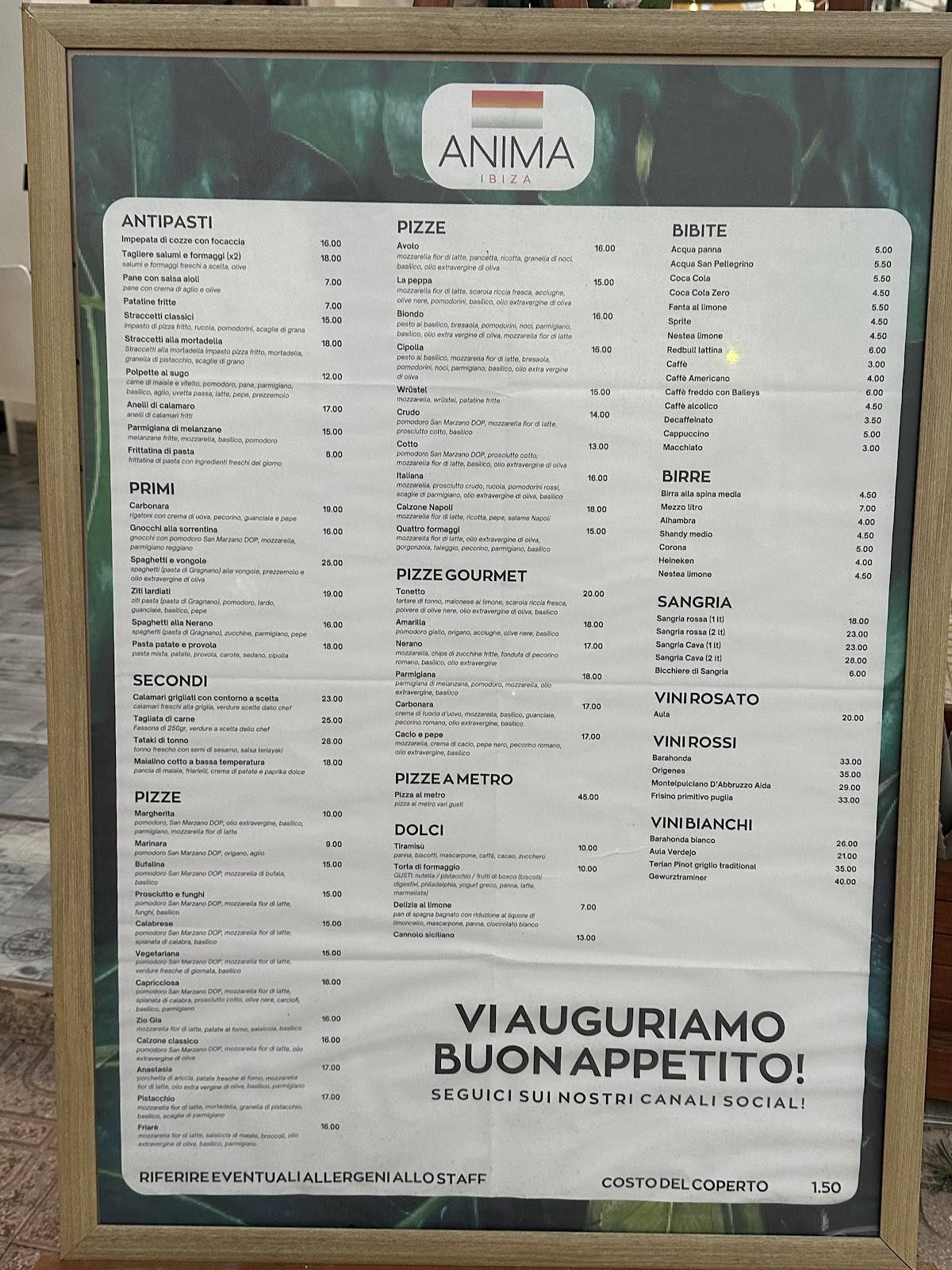 Menu at Restaurante Pizzeria ANIMA IBIZA, Ibiza